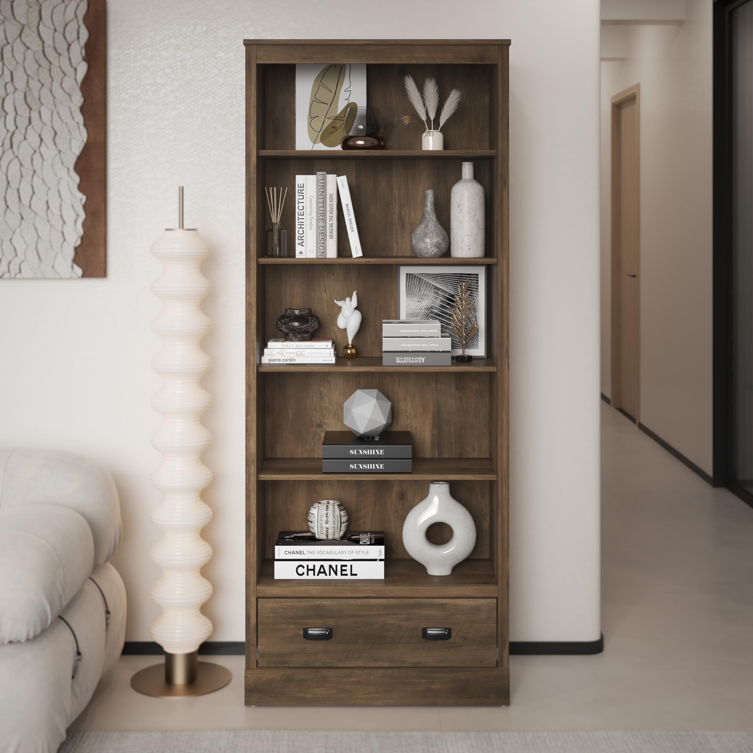 Galano Bristol Bookcase – 5 Tier Large Bookcase with 1 Drawer – Wooden ...