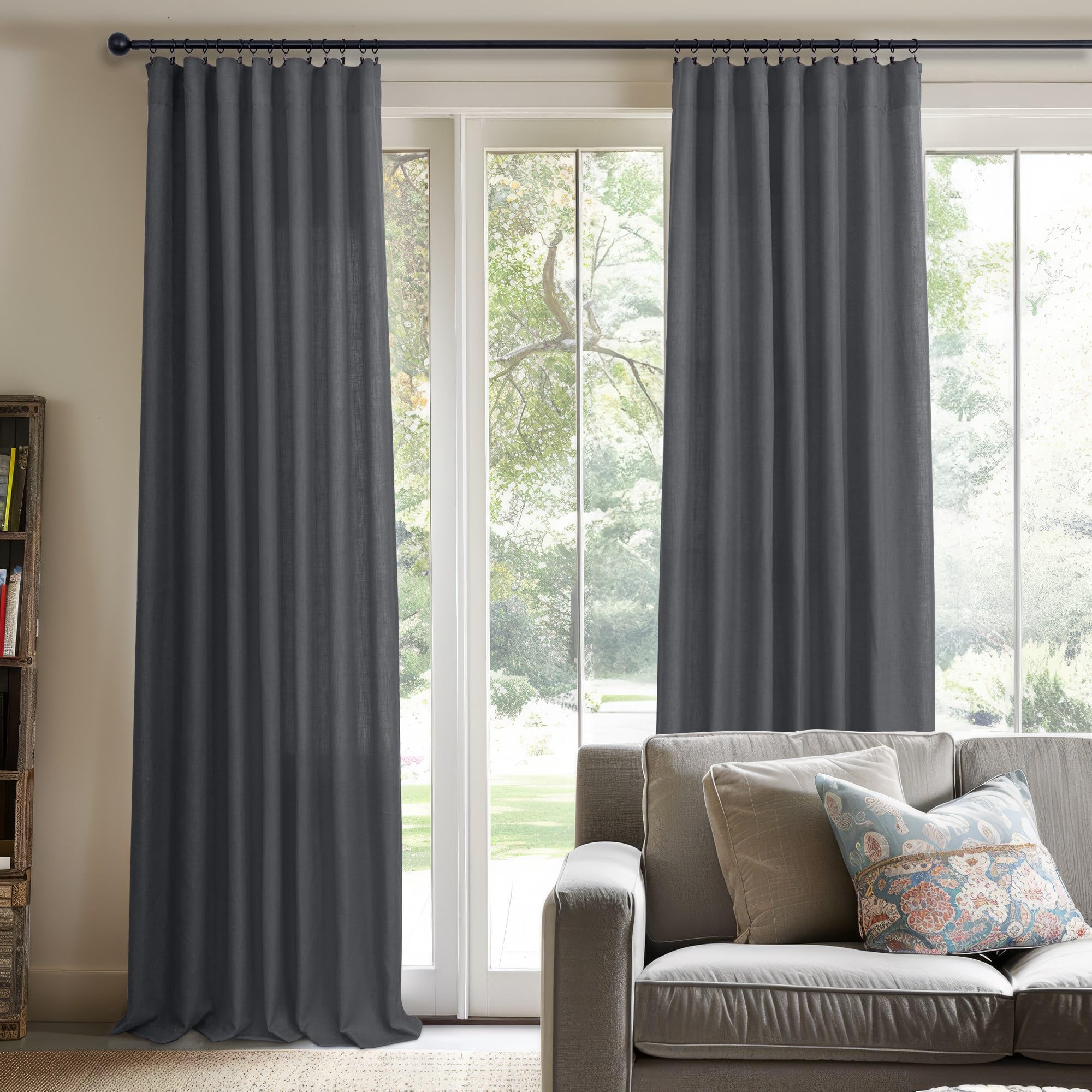 Dark Grey Linen Curtains 108 Inches Long for Living Room 2 Panels Back ...