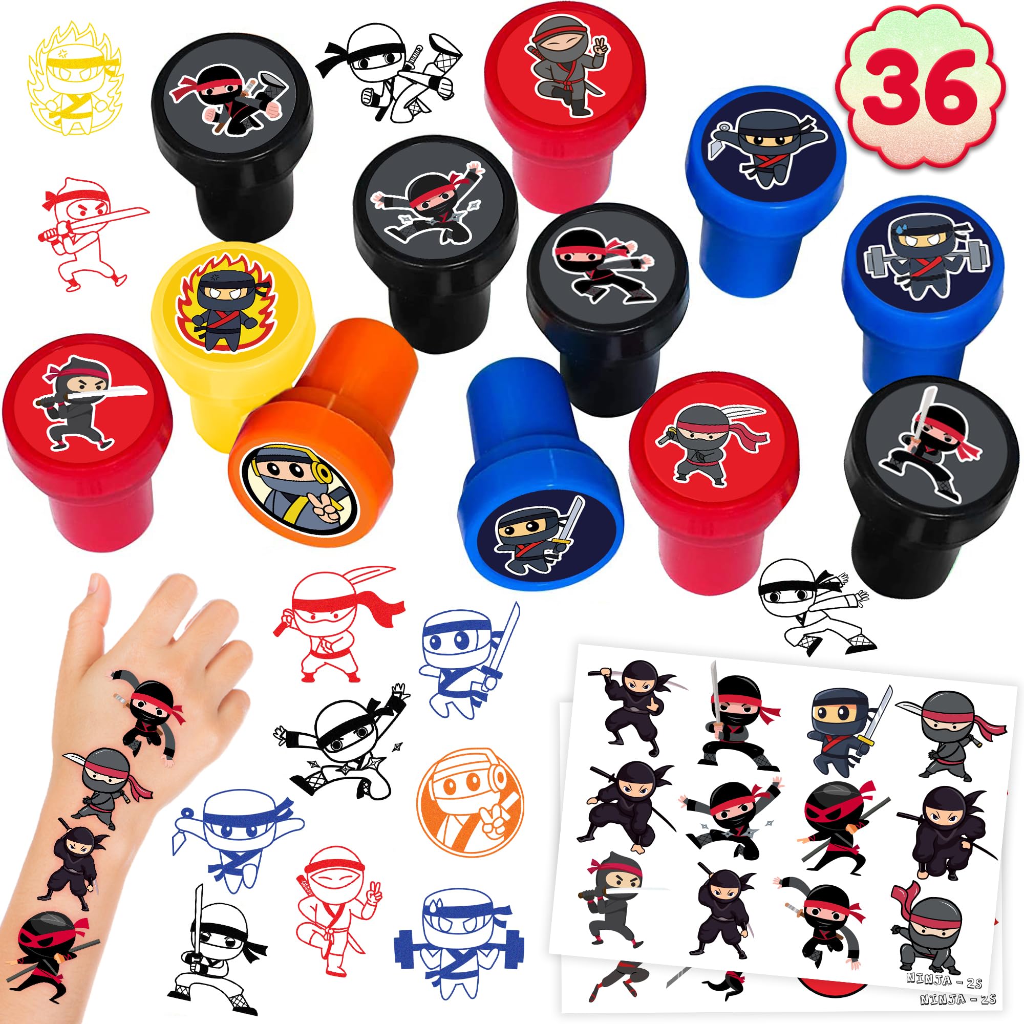 Amazon.com : 36PCS Ninja Party Favors 24 Tattoos Sticker 12 Stamp Set ...
