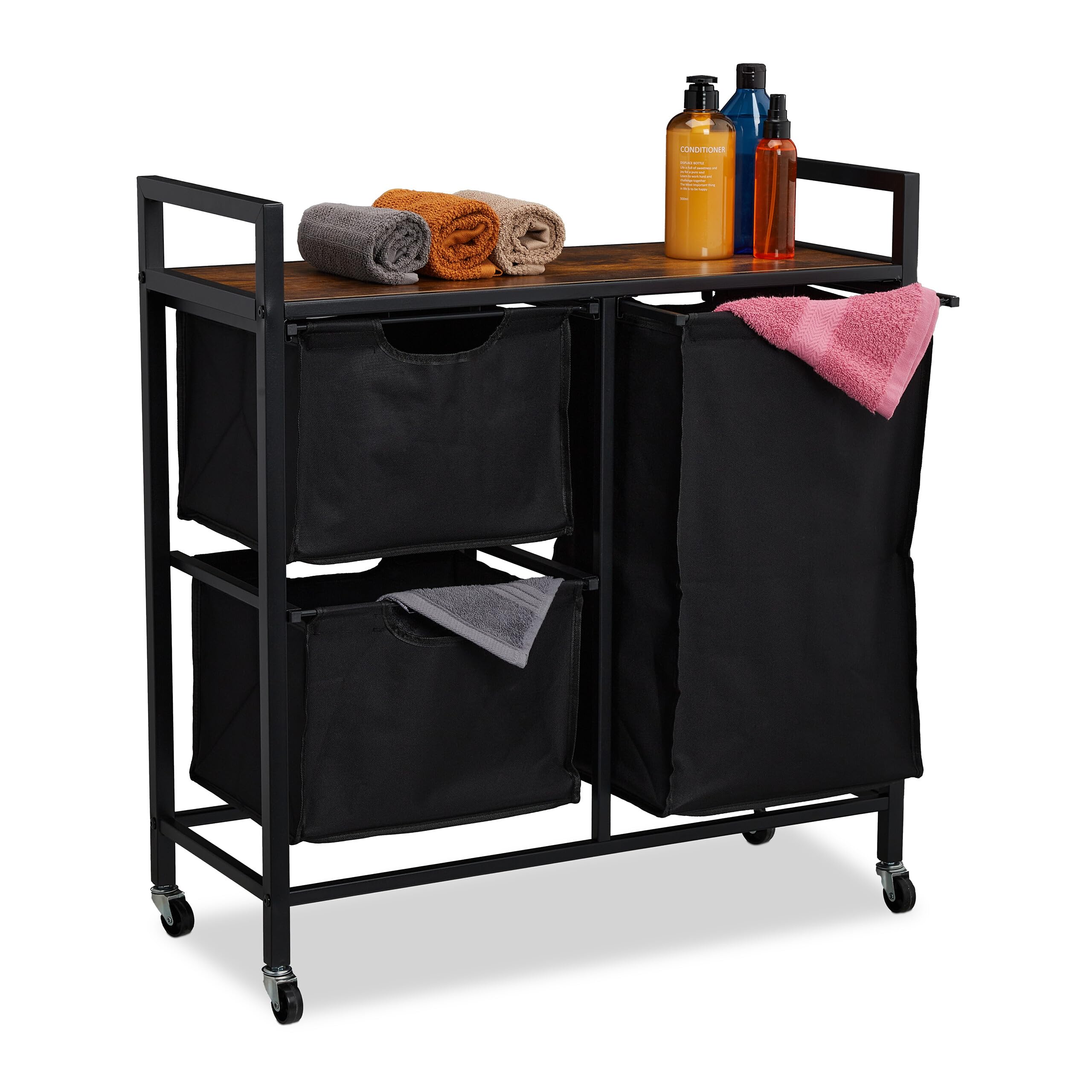 Relaxdays Laundry Basket, 3 Pull-out Compartments, Rollable Storage ...