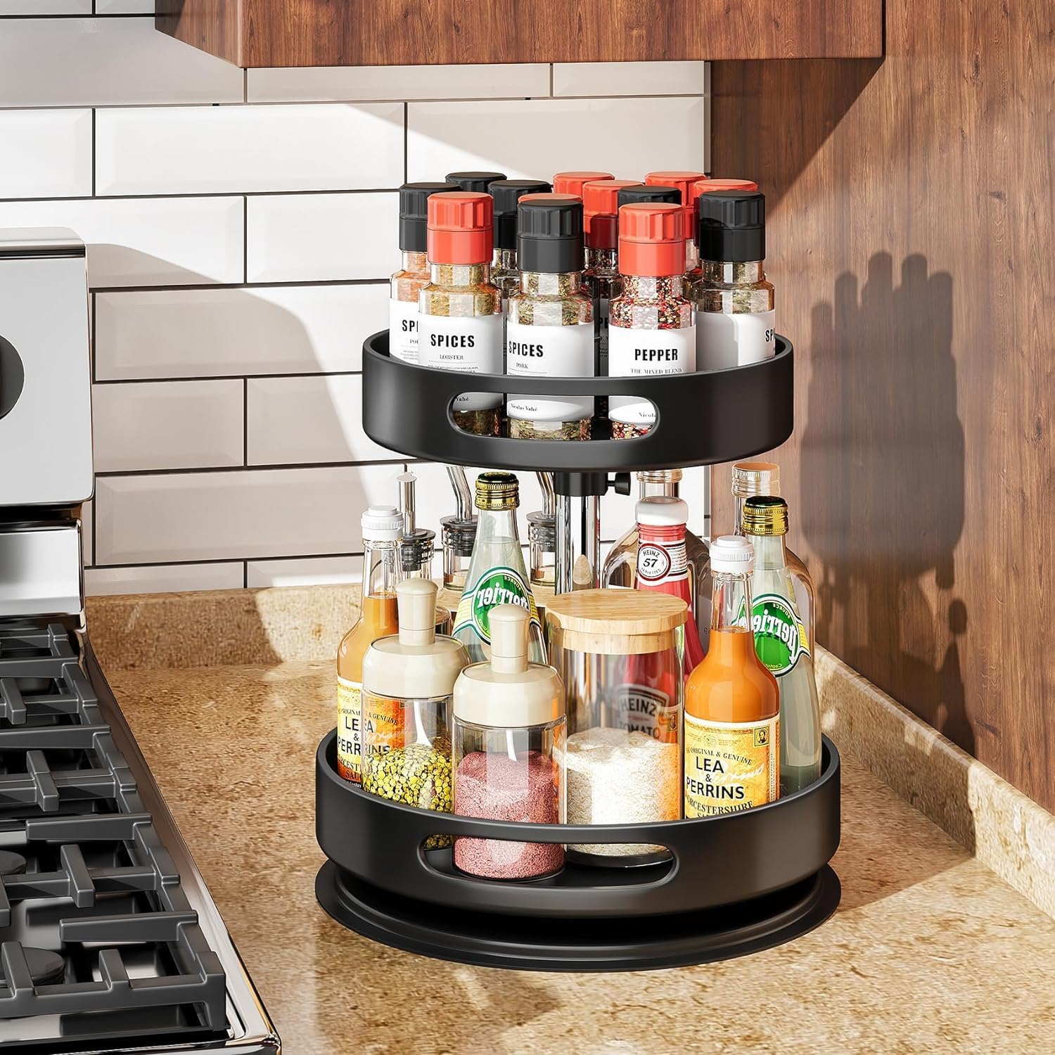 Navaris Two Tier Lazy Susan Storage Rack - Rotating Turntable Organiser ...