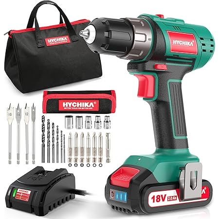 Cordless Drill 18V, HYCHIKA Electric Drill with 2000mAh Battery, 35N·m ...