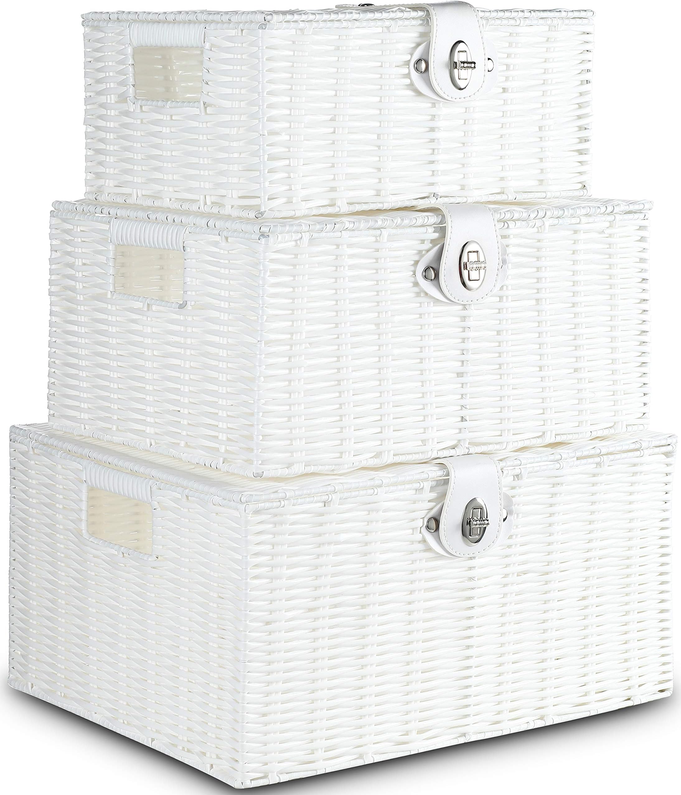 Amazon.com: Honygebia White Wicker Storage Baskets - Set of 3 ...