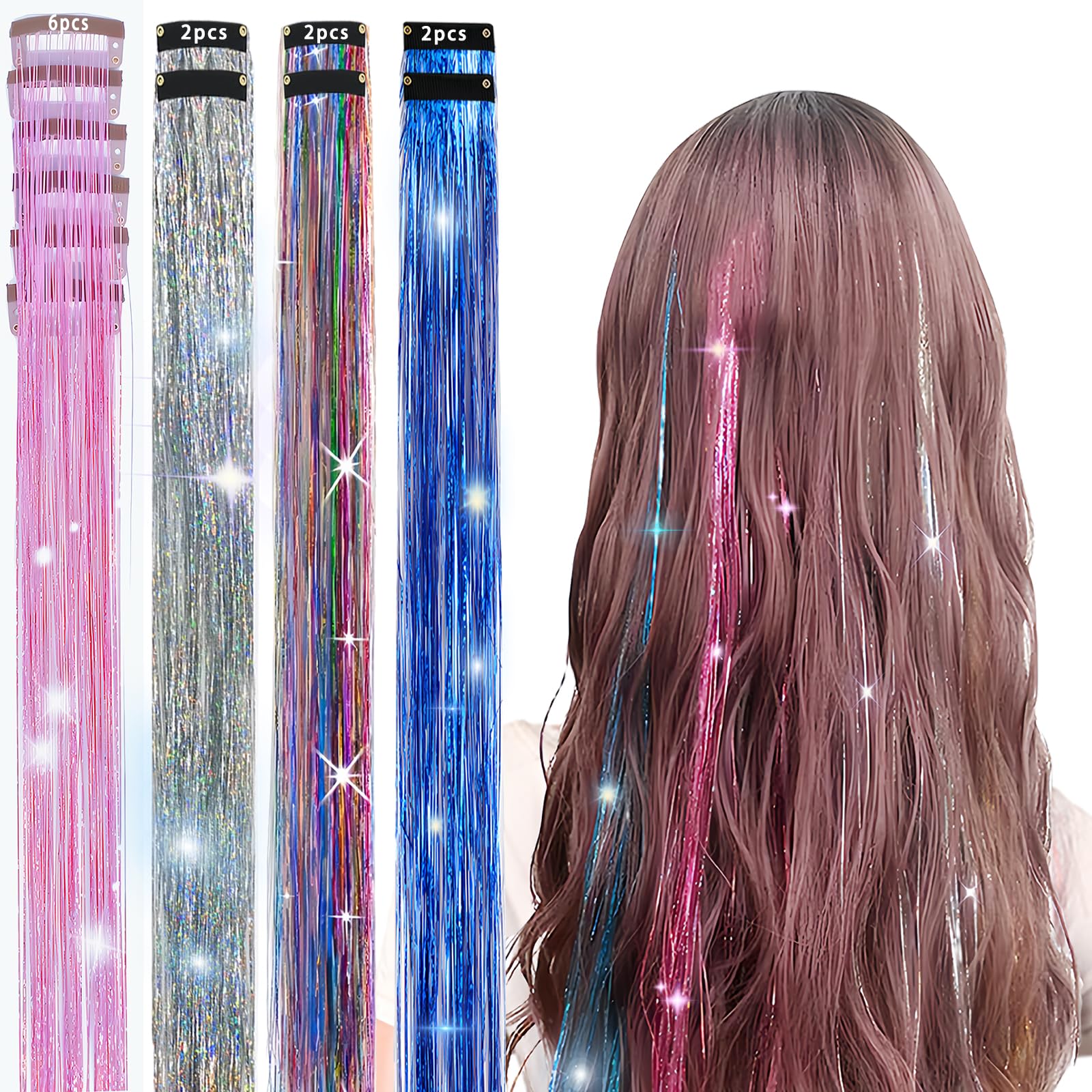 Amazon.com : Kisajar Clip in Glitter Hair Tinsel Extensions,12 Pcs 4 ...