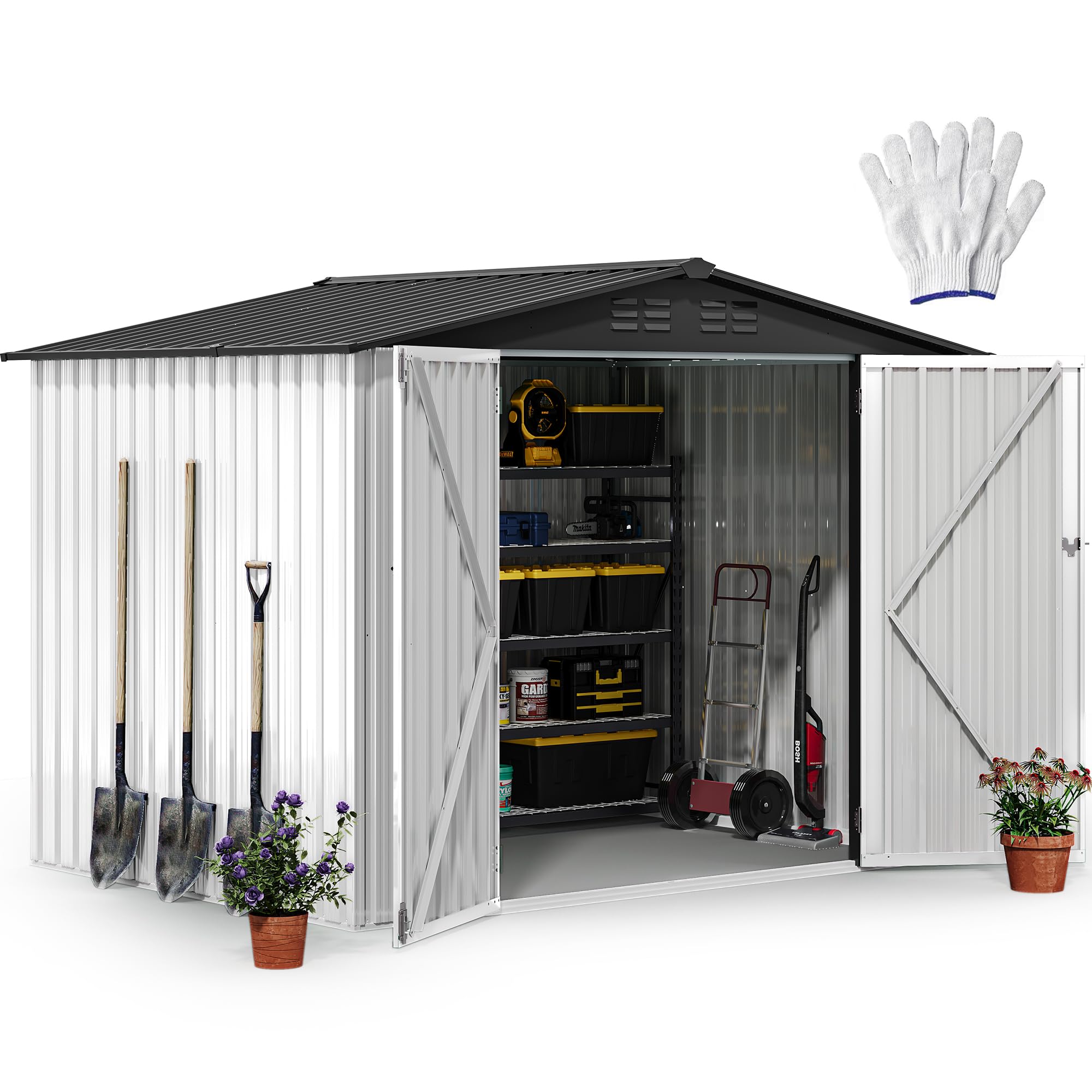 Outdoor Storage Shelter, Roomy Steel Tool Shed with Secure Entrances ...