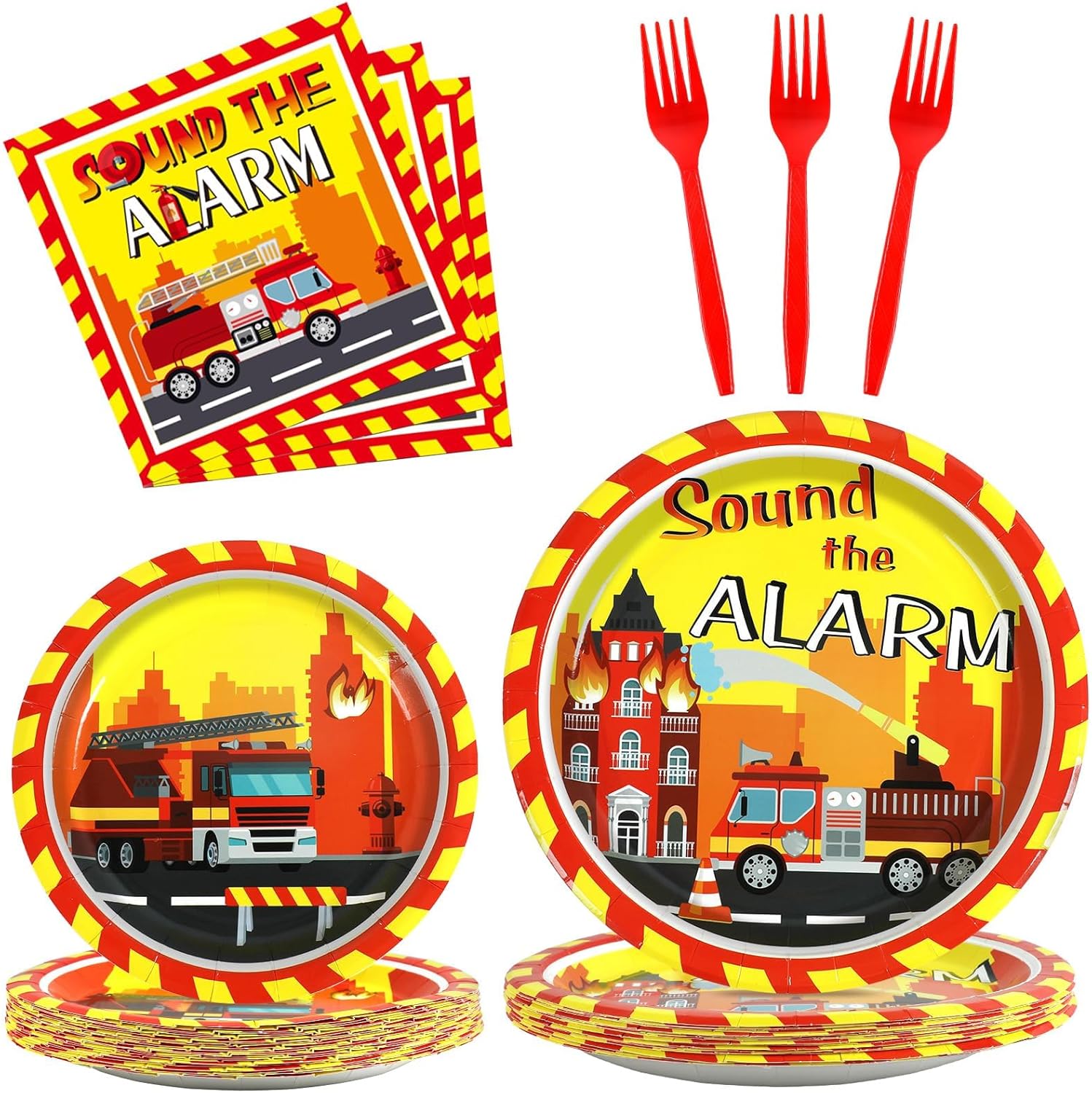Amazon.com: 100 Pcs Firetruck Birthday Party Decorations Fireman Plates ...