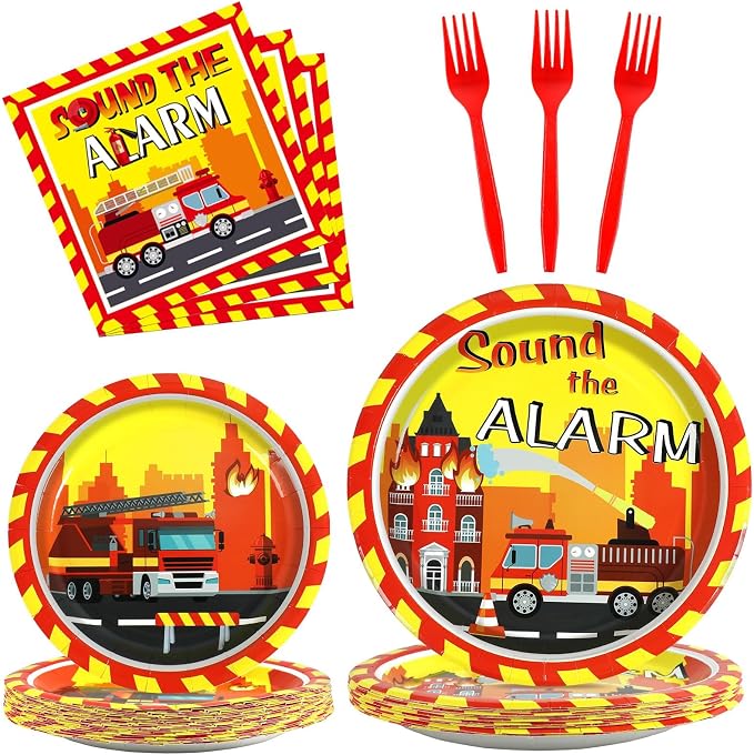 Amazon.com: 100 Pcs Firetruck Birthday Party Decorations Fireman Plates ...