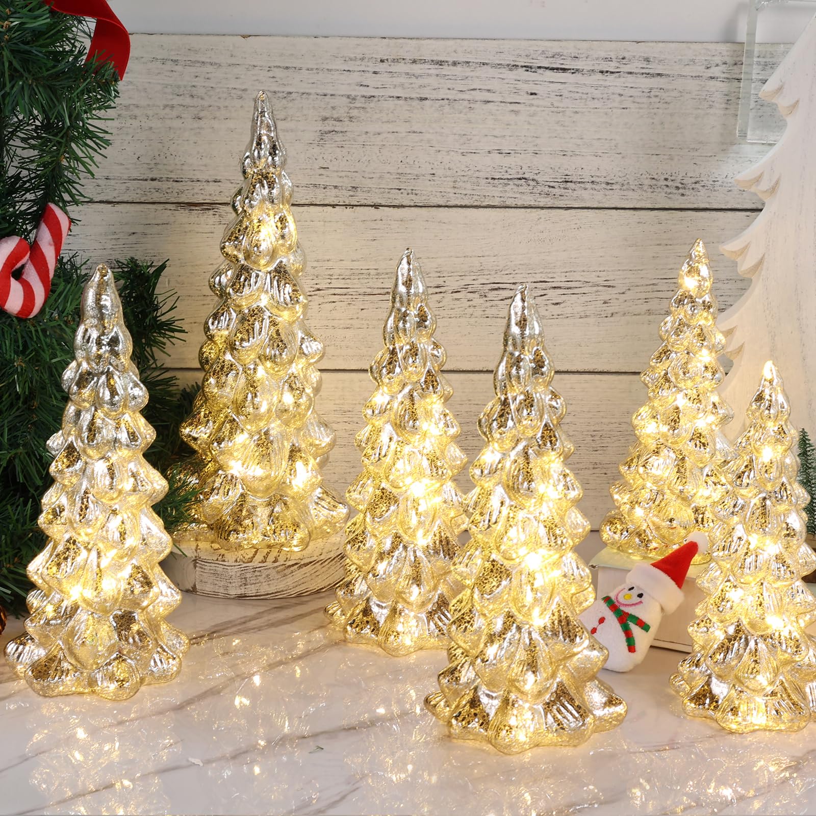 Amazon.com: 6 Pcs Mercury Glass Christmas Tree with Lights Battery ...