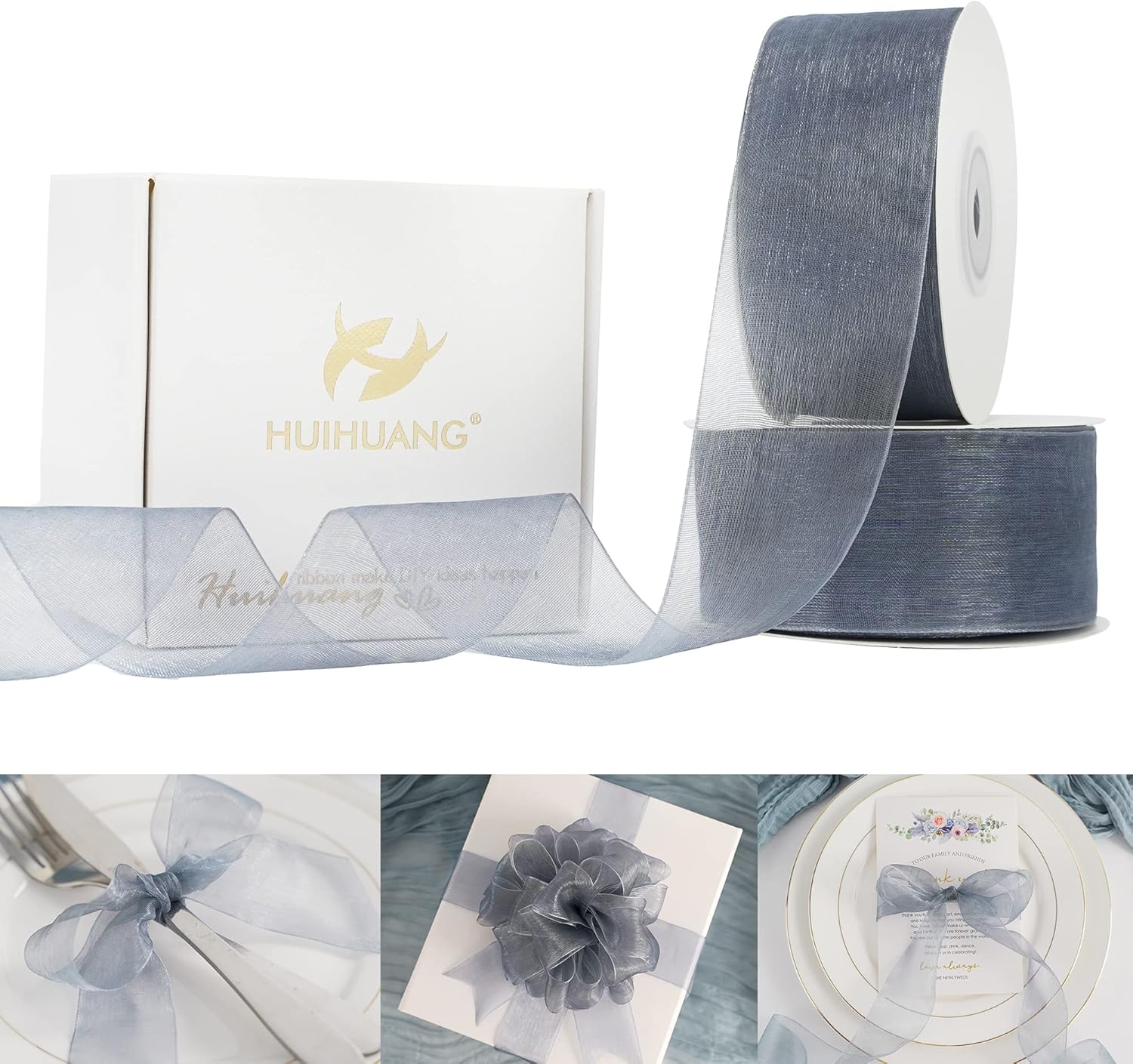 Amazon.com: HUIHUANG Grey Blue Organza Ribbon 1-1/2 inch Dusty Blue ...