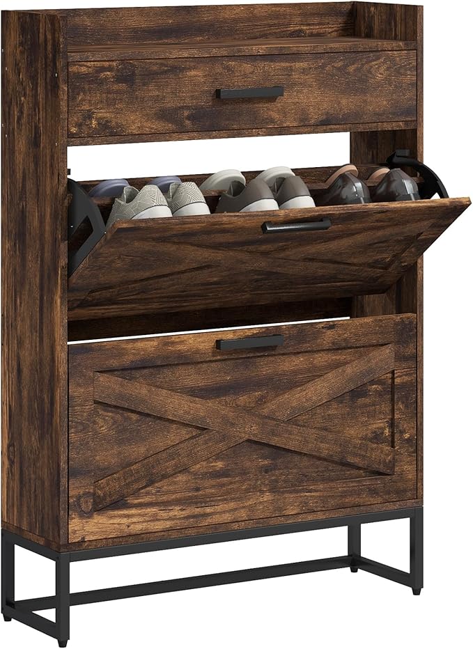 HOMCOM Narrow Shoe Cabinet, Industrial Shoe Storage Cabinet with 2 Flip ...