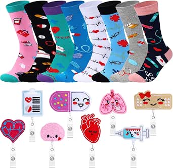 Amazon.com: Liitrsh 8 Pairs Funny Nurse Socks with 8 Pcs Badge Reel ...