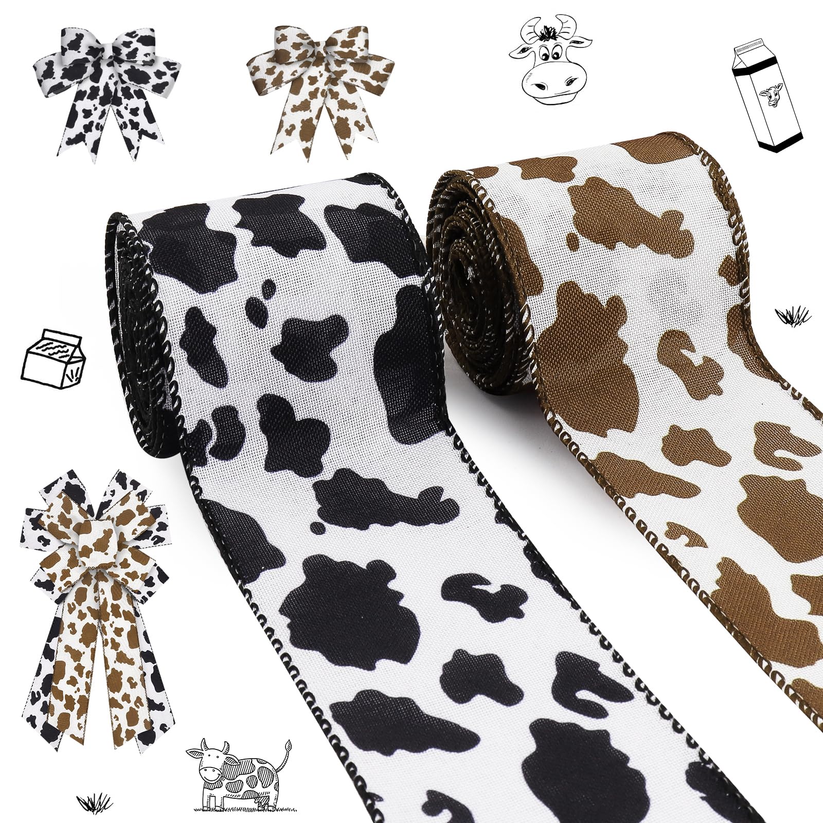 Amazon.com: ALIBBON 2 Rolls 2.5" × 5 Yd Cow Print Ribbon Black White ...