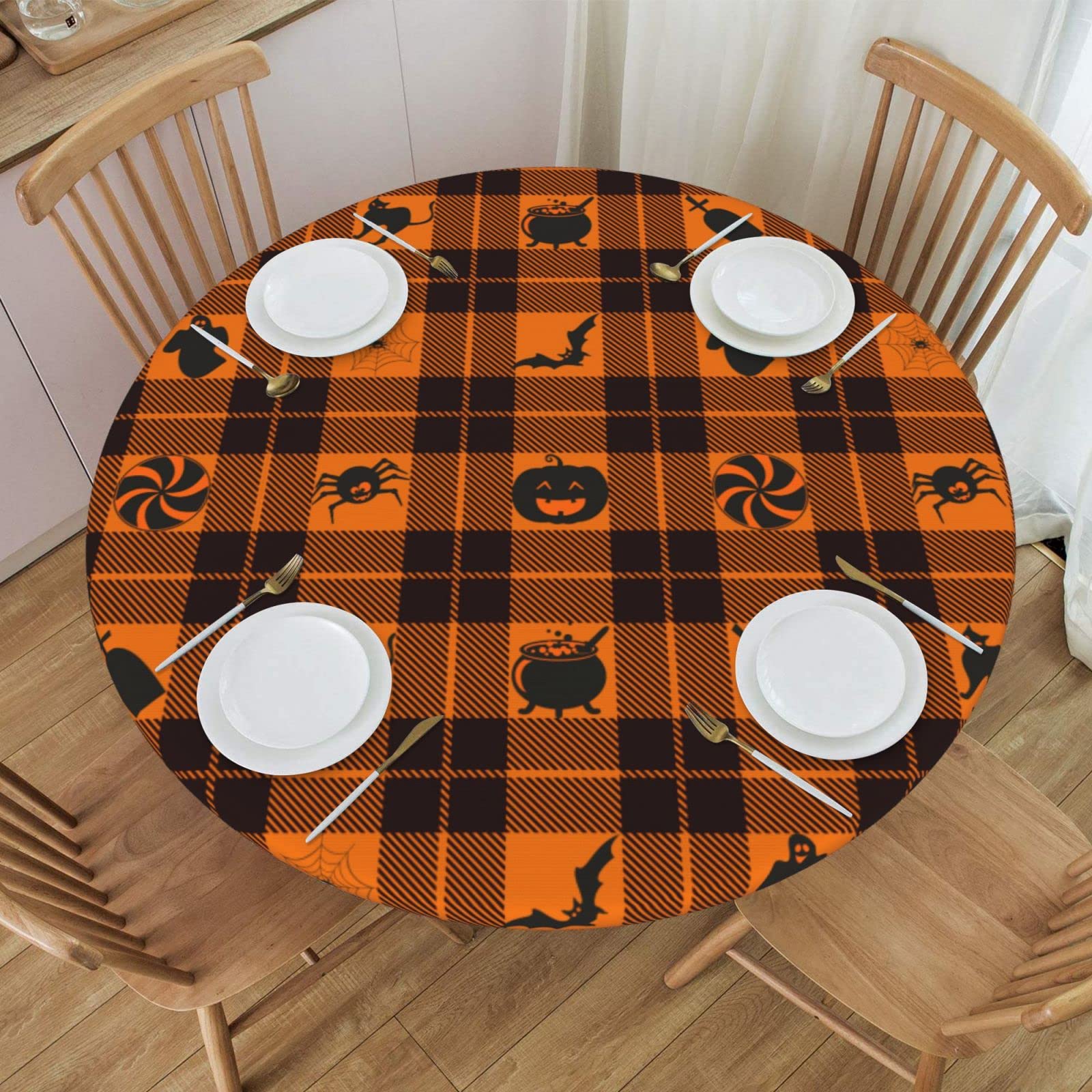 Amazon.com: Yilad Elastic Edged Halloween Tartan Round Tablecloth ...