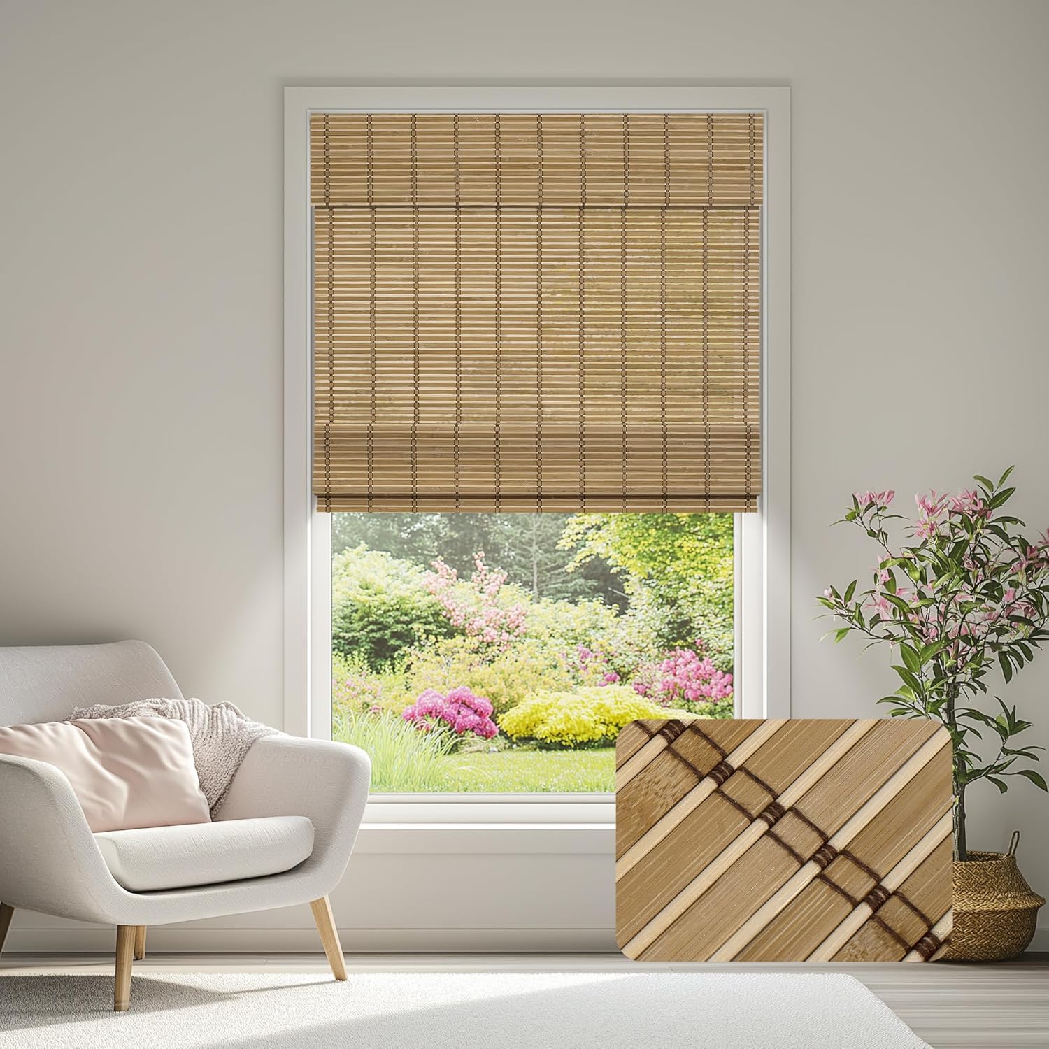 SEEUNANA Bamboo Roman Shades with Valance Cordless, Sheer Blinds for ...