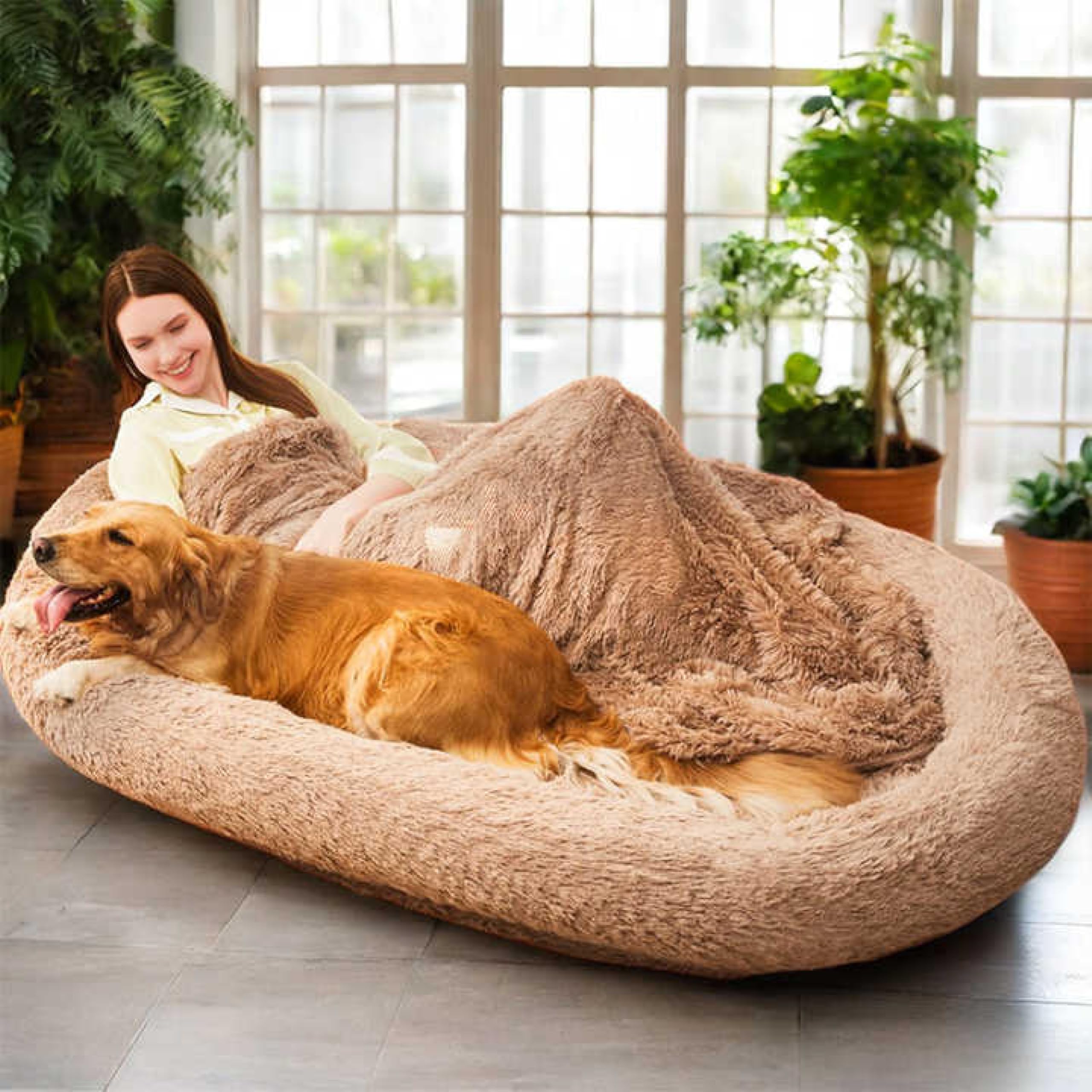 PlushHaven Deluxe Comfort Lounge Human Dog Bed with Pillow and Blanket ...