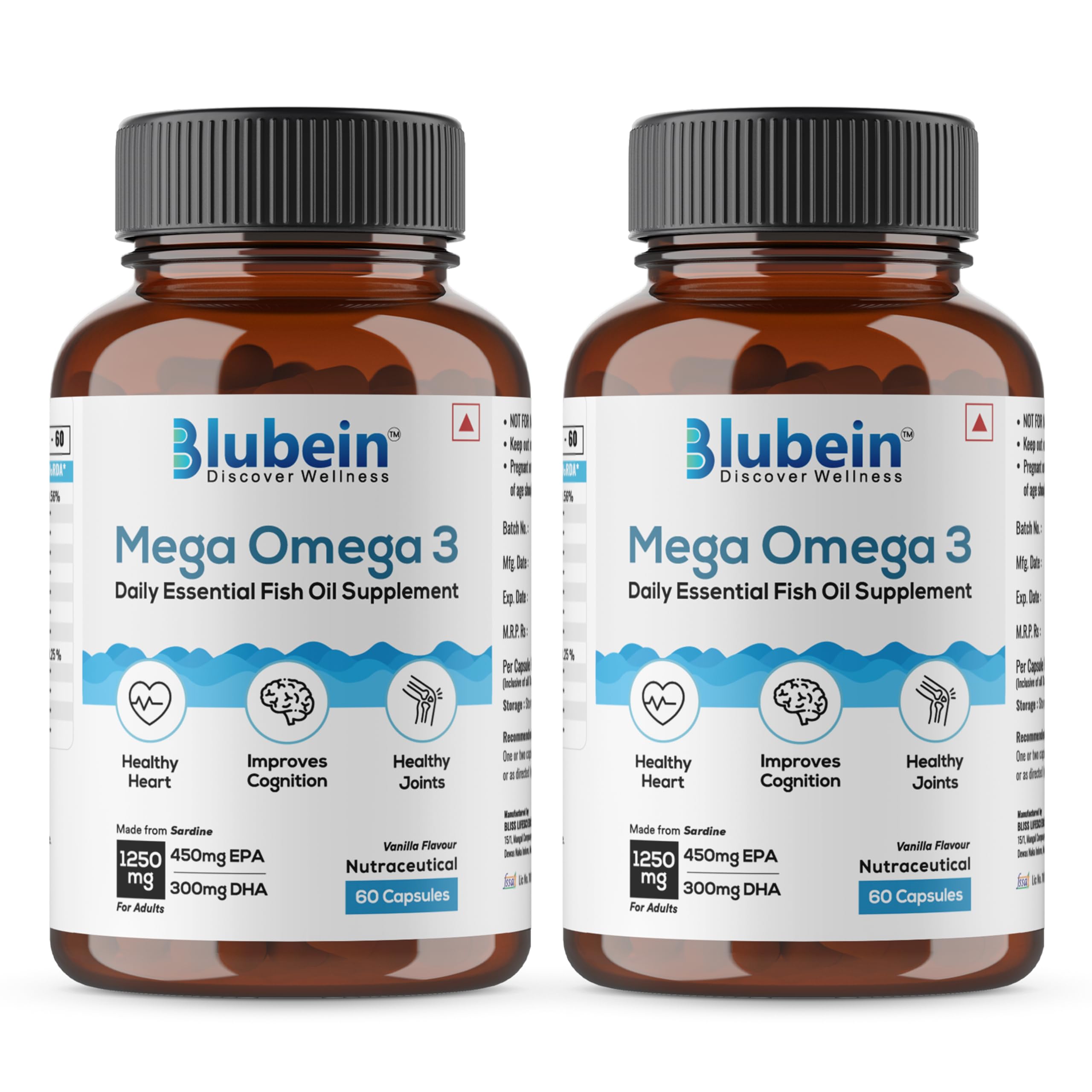 Blubein Mega Omega 3 Fish Oil Capsules for Men & Women, Triple Strength ...