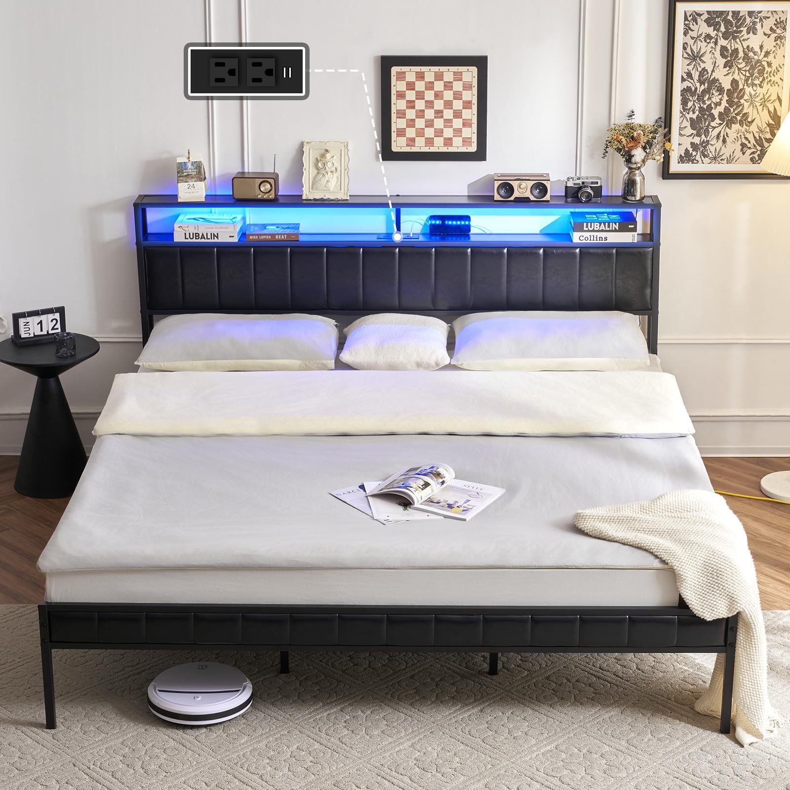Amazon.com: Gustonhon King Size LED Bed Frame with Storage Headboard ...