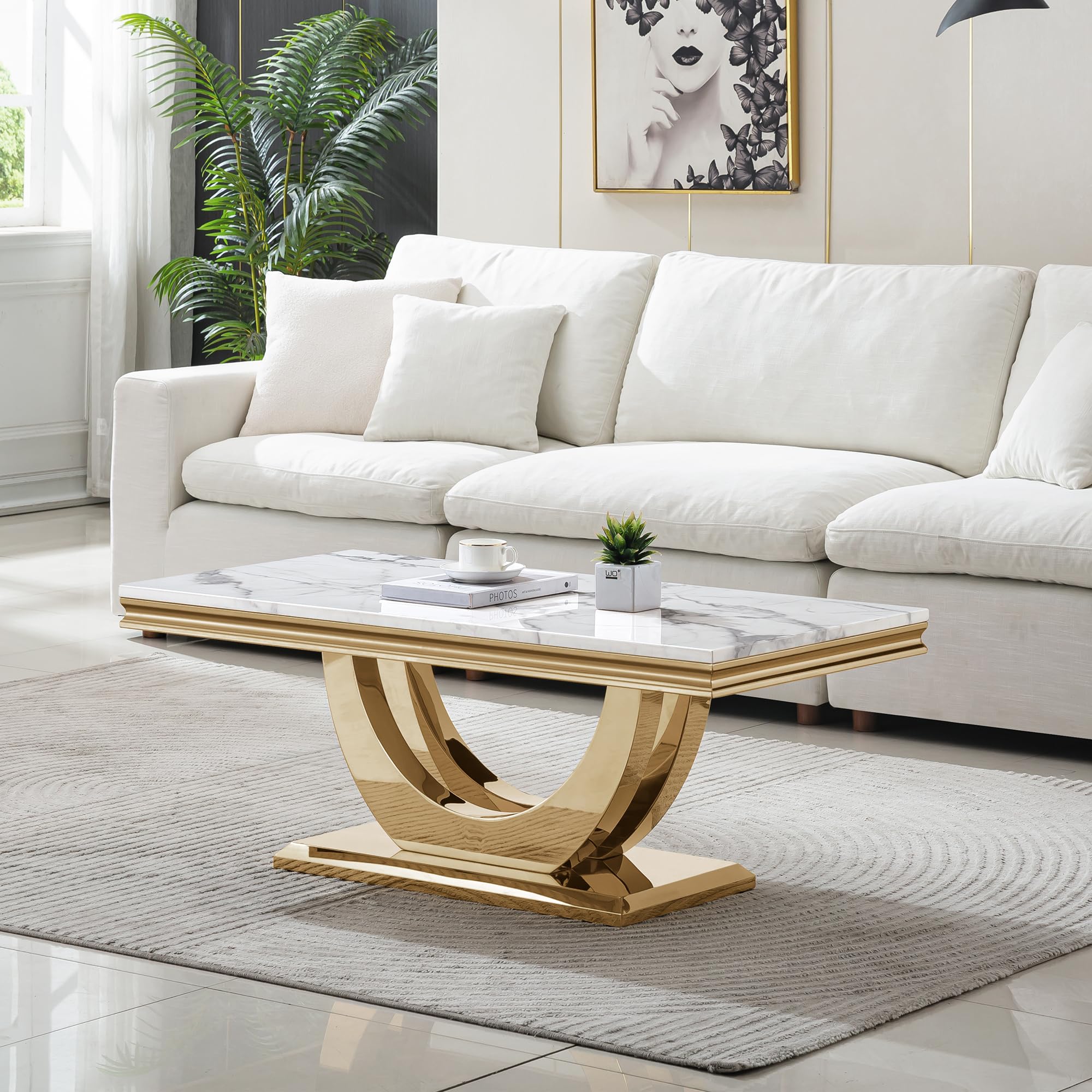 Amazon.com: Modern Marble Coffee Table with Stainless Steel Pedestal, 47" Luxury Gold Coffee ...
