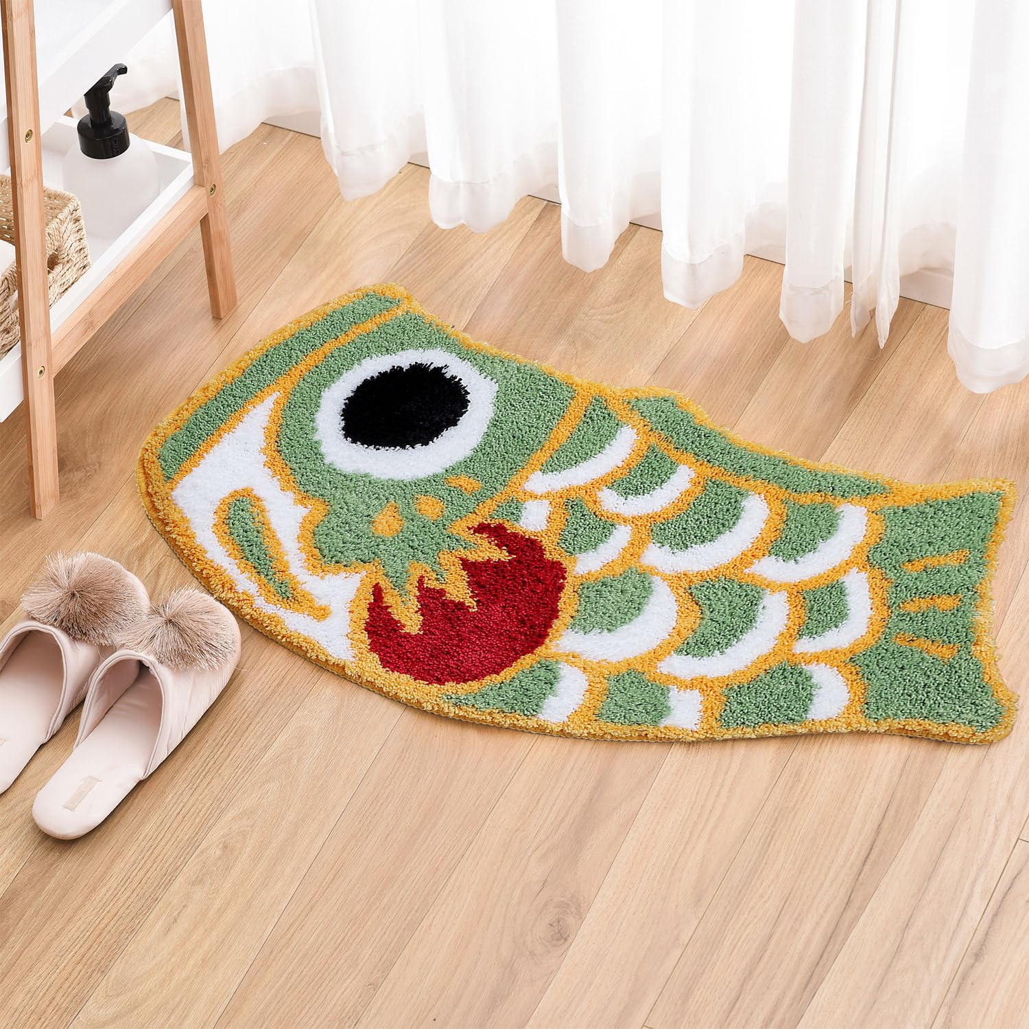 Feblilac Cute Fish Bath Rug Soft Green Bathroom Mats Japanese Koi Fast ...