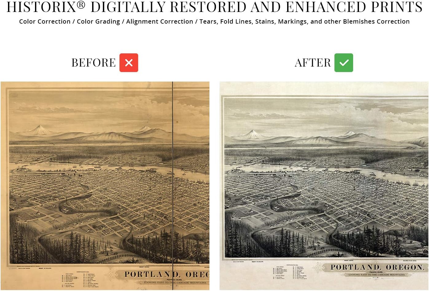 HISTORIX Arte vintage de mapa de Portland Oregon 1879 Arte de pared de ...