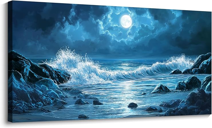 Amazon.com: CHATYOUNG Blue Ocean Waves Landscape Wall Art, Beach Moon ...