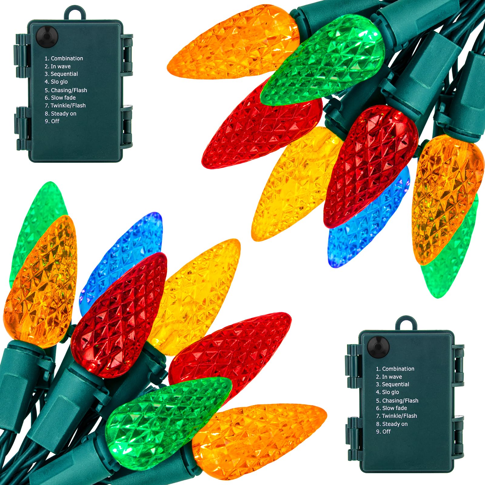 2 Pack Battery Operated C6 Christmas String Lights, 20ft 60 LED Faceted ...