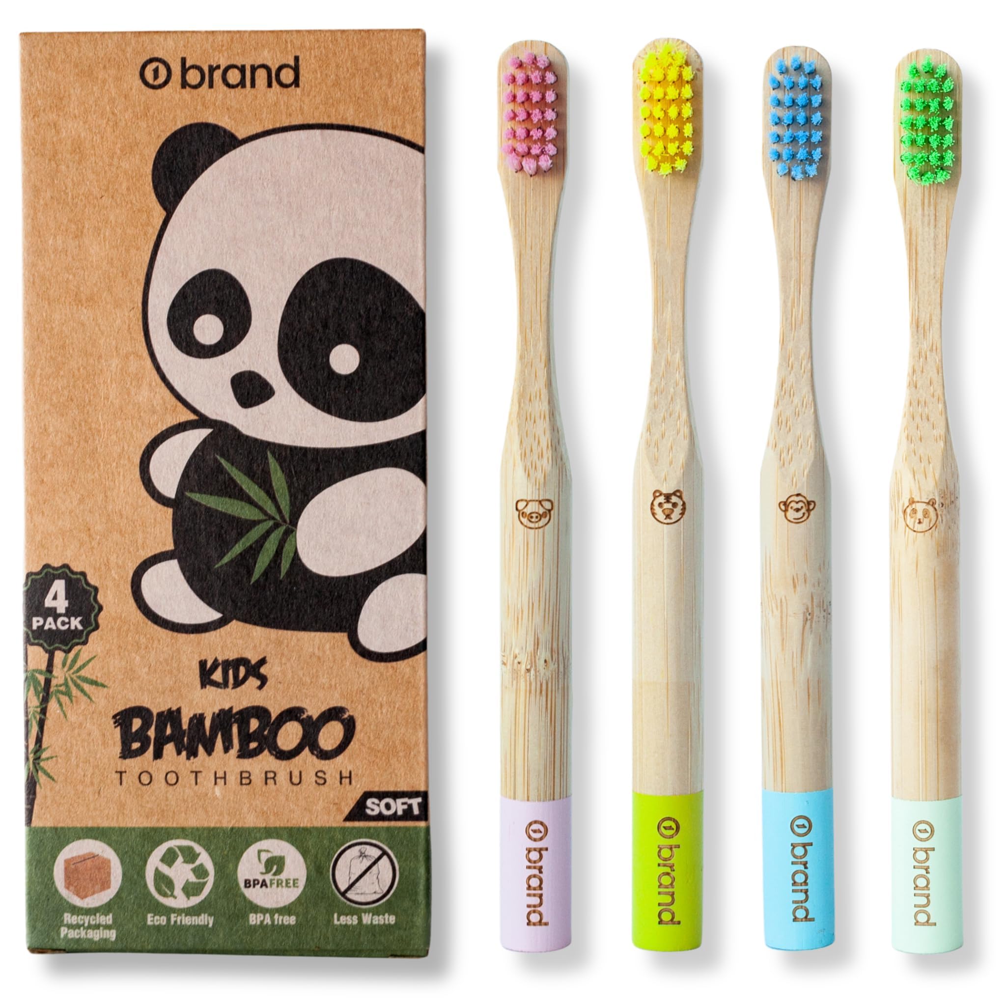 4 Pack KIDS Bamboo Toothbrush, Soft Bristle Toothbrush, ROUND HANDLE ...