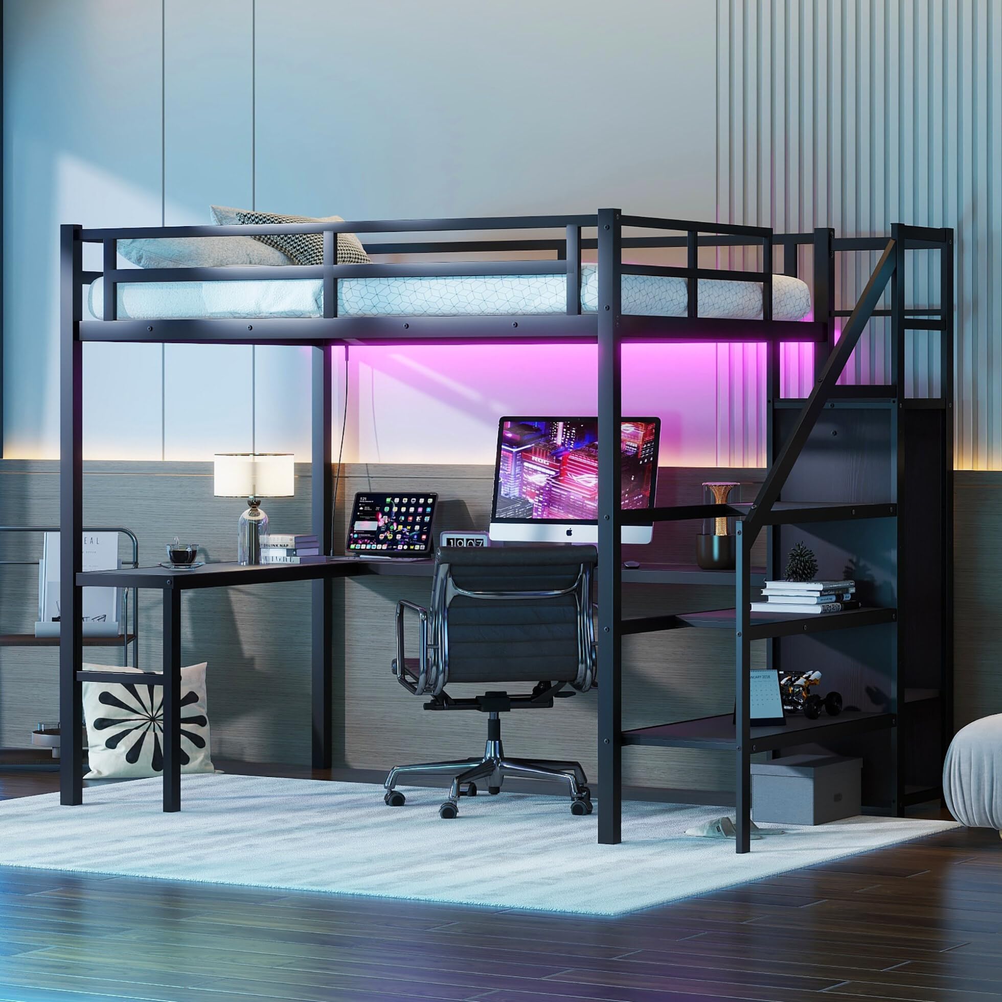 Buy i-POOK Full Size Loft Bed with L-Shaped Desk and USB, Metal Loft ...