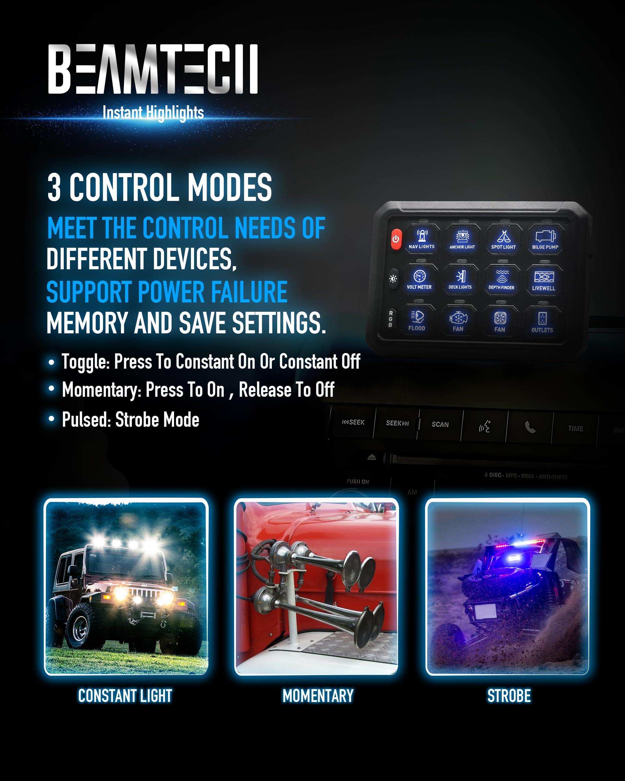 Snapklik.com : 12 Gang Switch Panel, RGB Multifunction Switch Toggle Momentary Pulsed Circuit ...