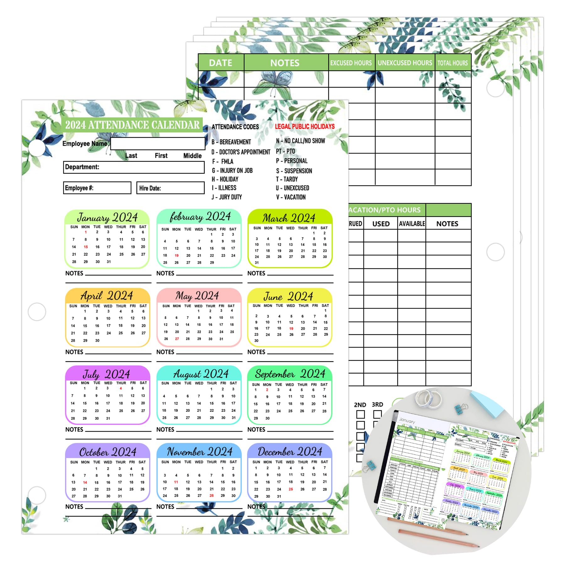 Buy 20 Sheets of 2024 Attendance Work Tracker Attendance Cards 8.26 x ...