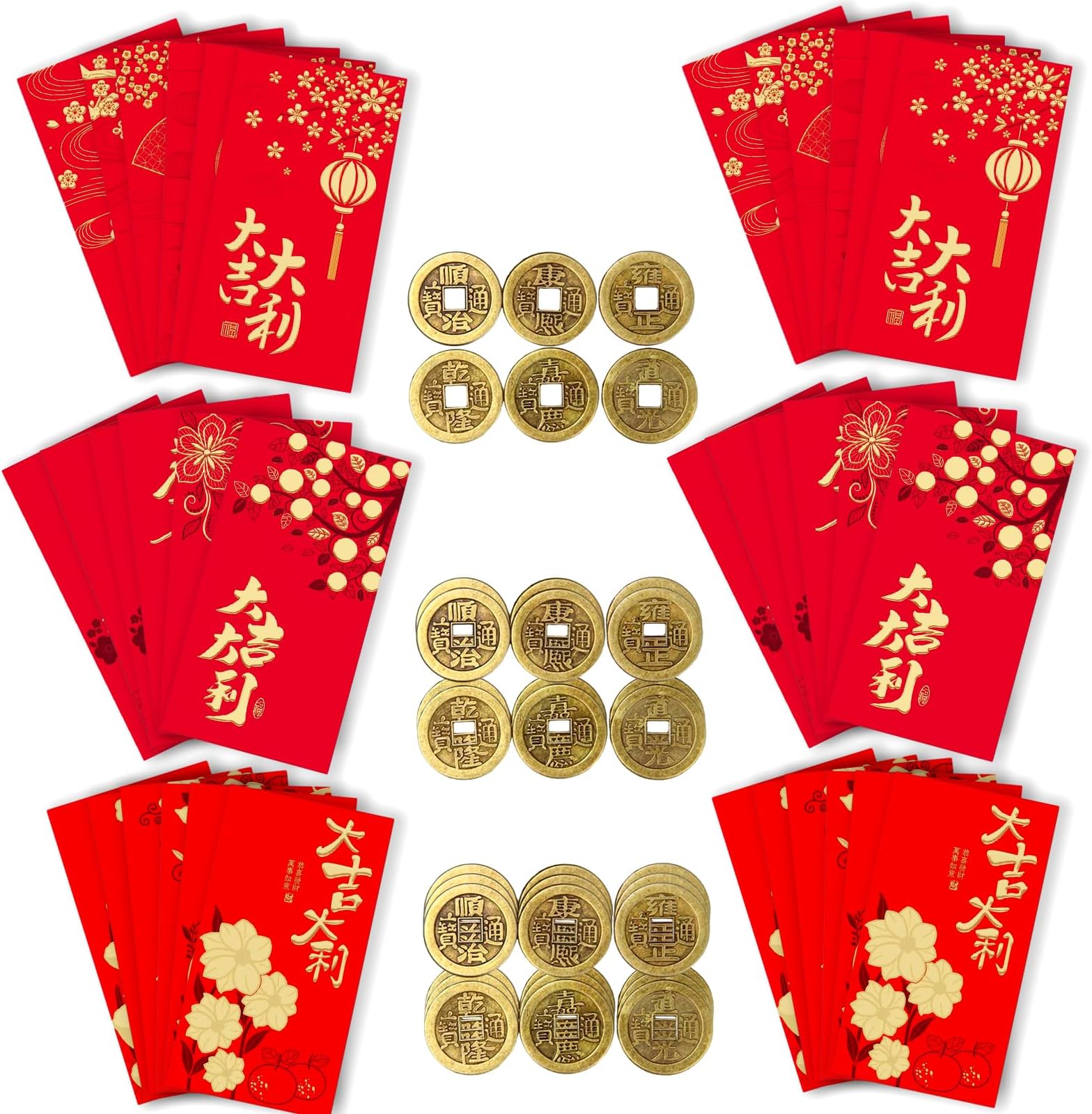 72 Pcs 2024 Chinese New Year Hong Bao and Chinese Lucky Coins Set, Red ...