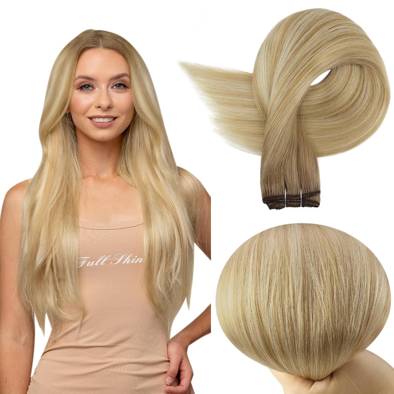 Amazon.com : Full Shine Sew In Hair Extensions Real Human Hair Blonde Hair Extensions Sew In ...