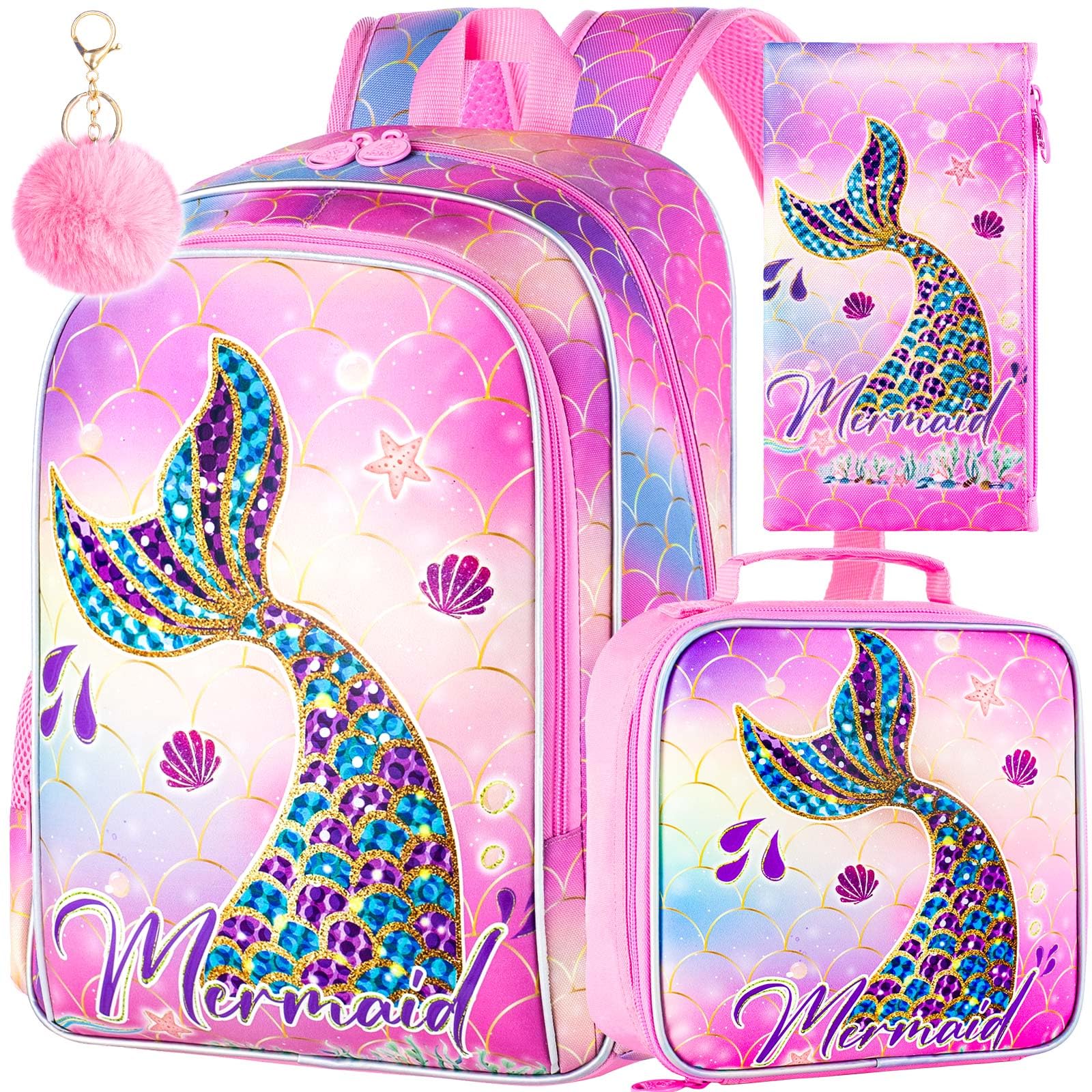 Amazon.com | TXHVO 16" Mermaid Backpack for Girls 3Pcs School Bookbag ...