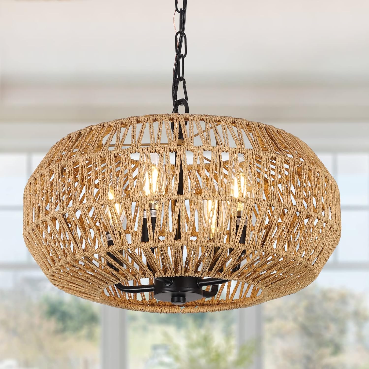 Farmhouse Rattan Pendant Lights, 15.7" 4-Light Boho Chandelier Light ...