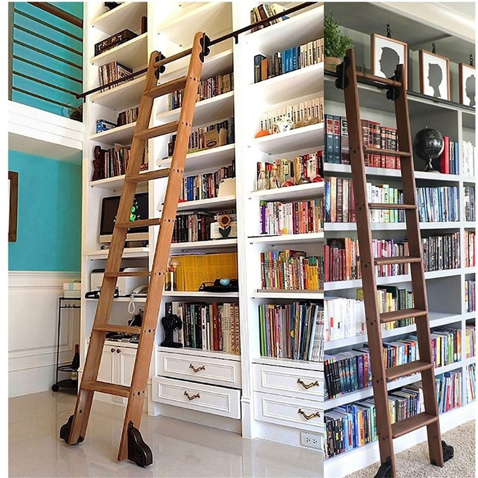 Sliding Library Ladder Shelves Black Stainless Steel Sliding Library