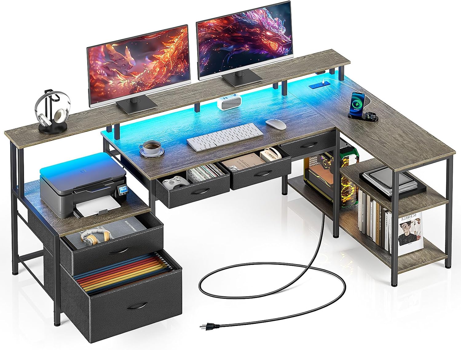 Seventable L Shaped Desk with Power Outlet & LED Strip, Computer Desk ...