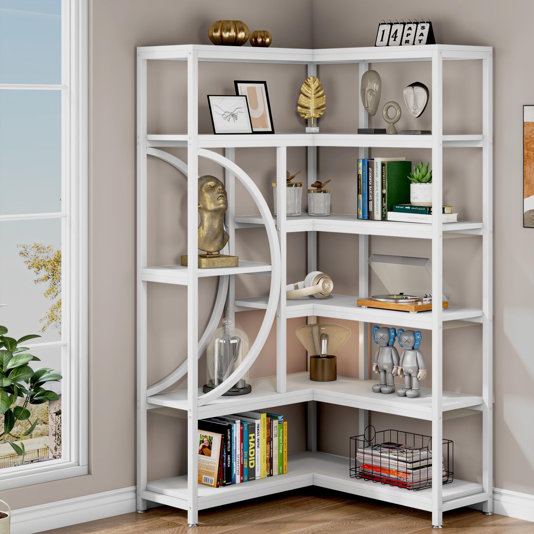 Amazon.com: LITTLE TREE 6-Shelf Corner Bookshelf, 65” Tall L Shaped ...