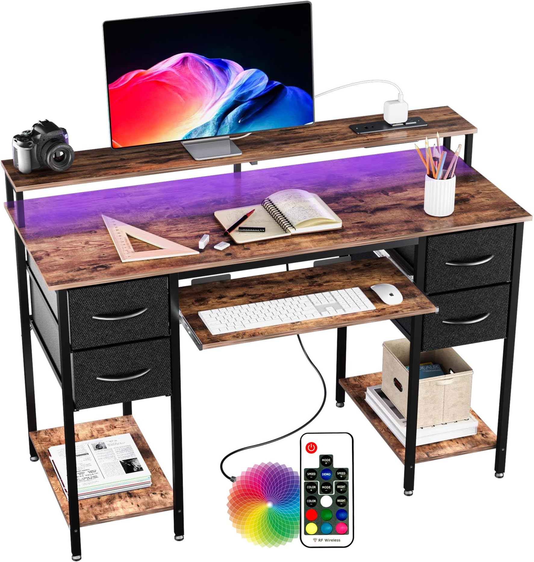 BEXEVUE Modern Desk with Power Outlets LED - 120x50 cm Computer Table ...
