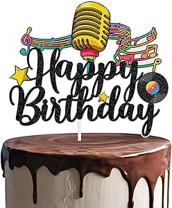 Amazon.com: Black Glitter Microphone Happy Birthday Cake Topper Karaoke ...