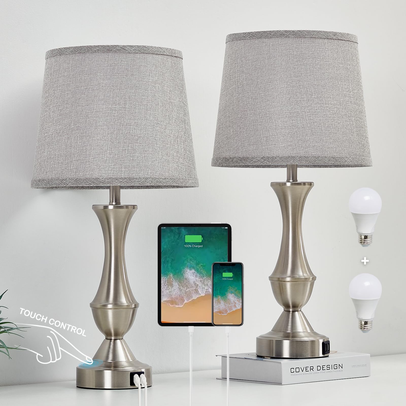 Touch Table Lamps Set of 2, 22" Tall Bedside Lamps, Nightstand Lamps ...