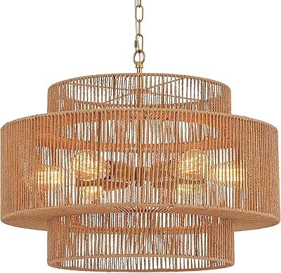 ELYCCUPA 24” Boho Hand Woven Rattan Chandelier 3 Round Adjustable 4 ...