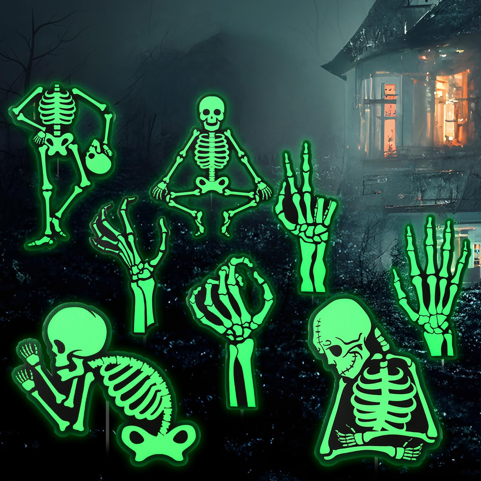 8 Pcs Halloween Glow in The Dark Skeleton Decorations Yard Signs ...