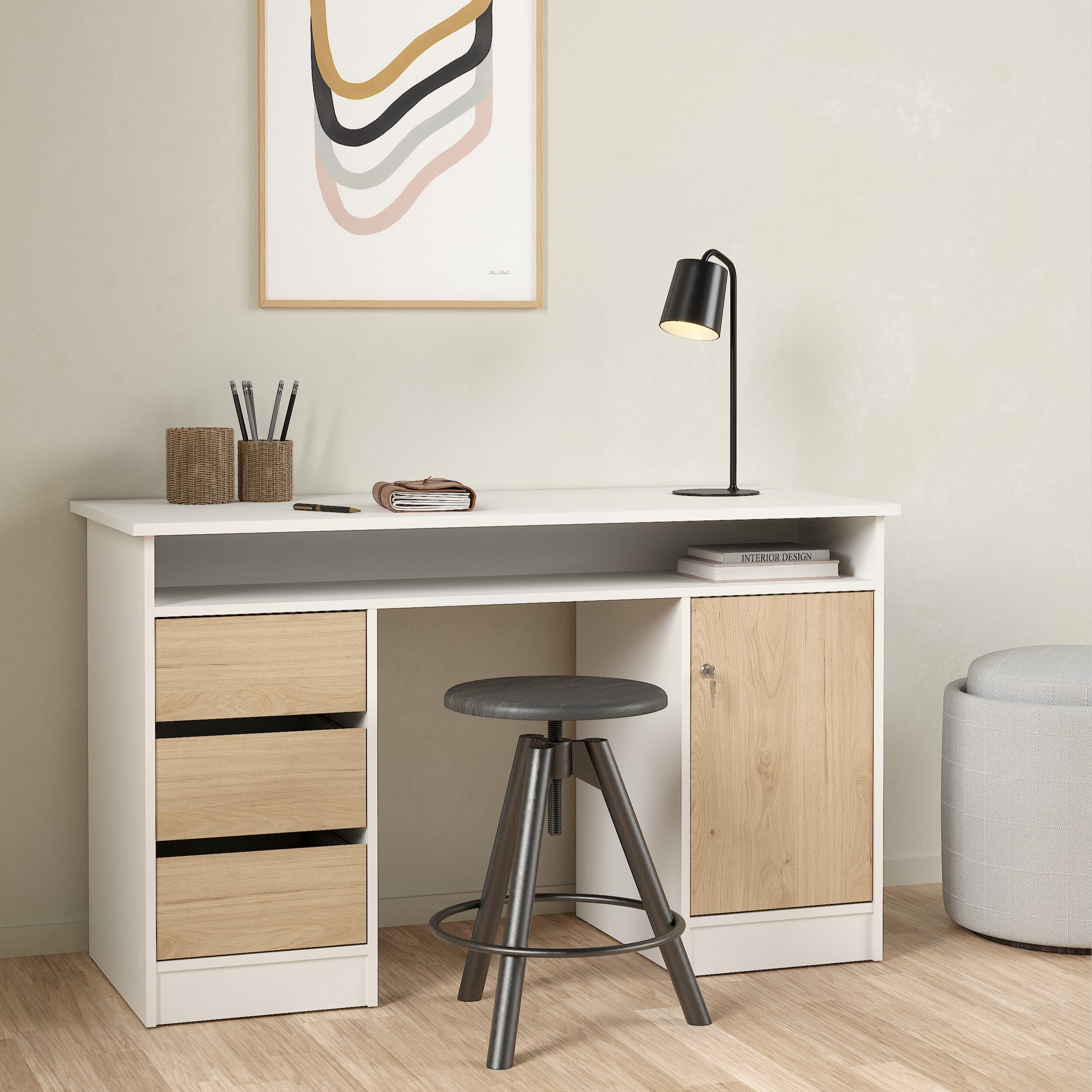 Amazon.com: Tvilum Function Plus Computer Desk with Storage Cabinet, 3 Handle-Free Drawers, Two ...