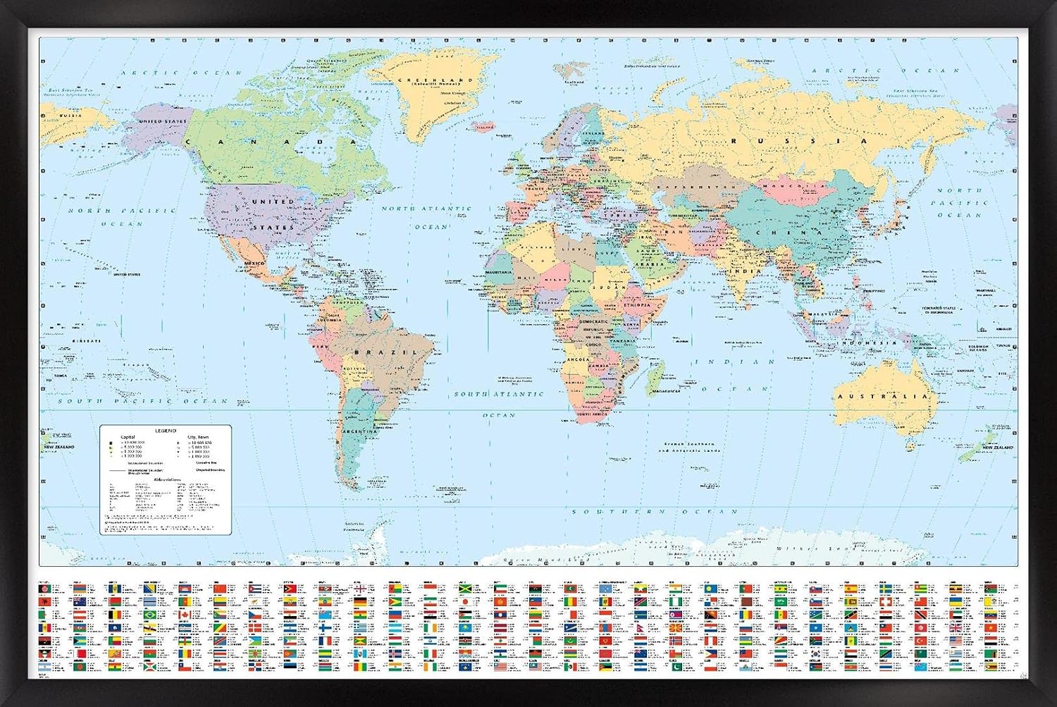 Amazon.com: World Map 2023 Wall Poster, 34L" x 22.4W", Black Framed ...