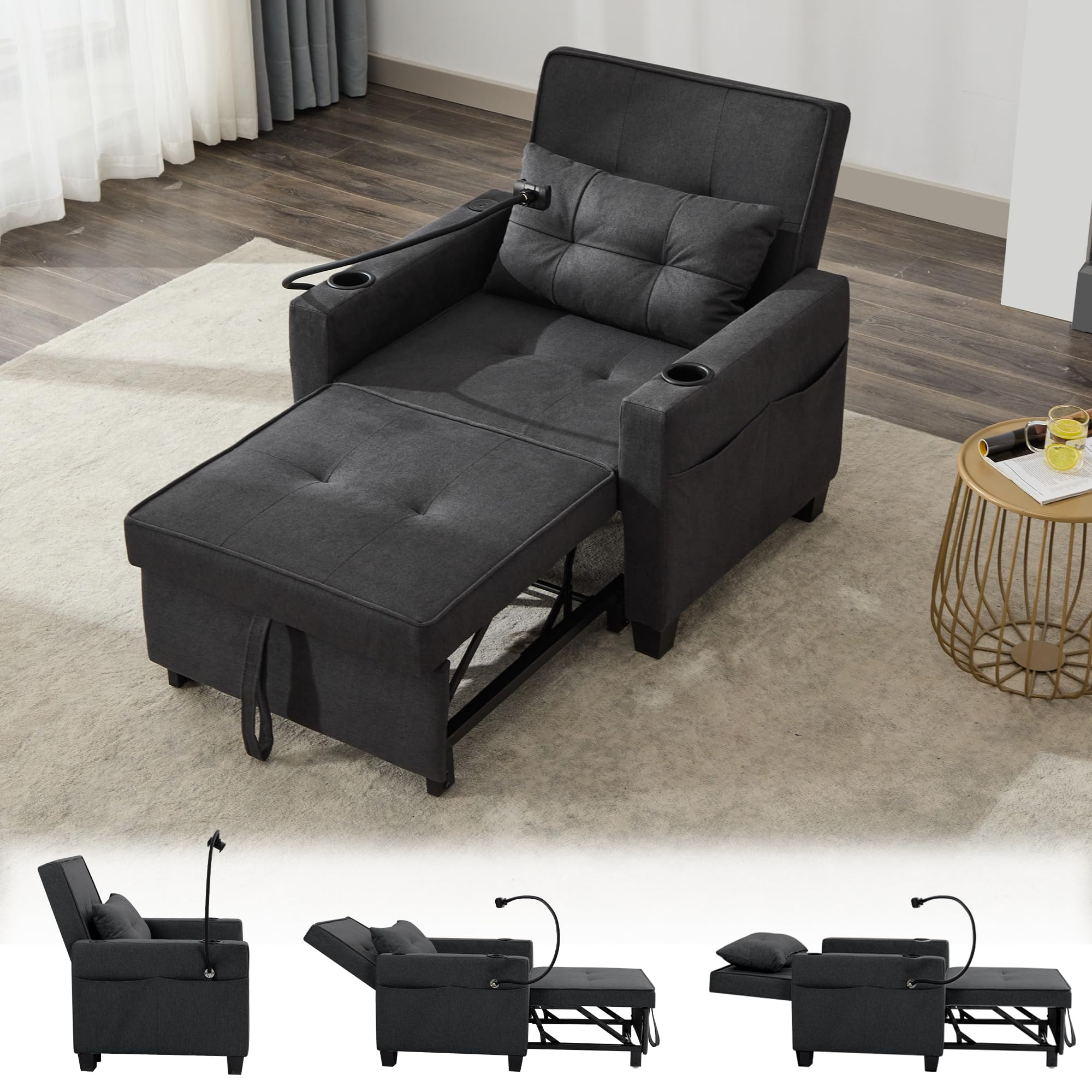 Amazon.com: Uiesno Convertible Sleeper Chair Bed, 3-in-1 Chaise Lounge ...