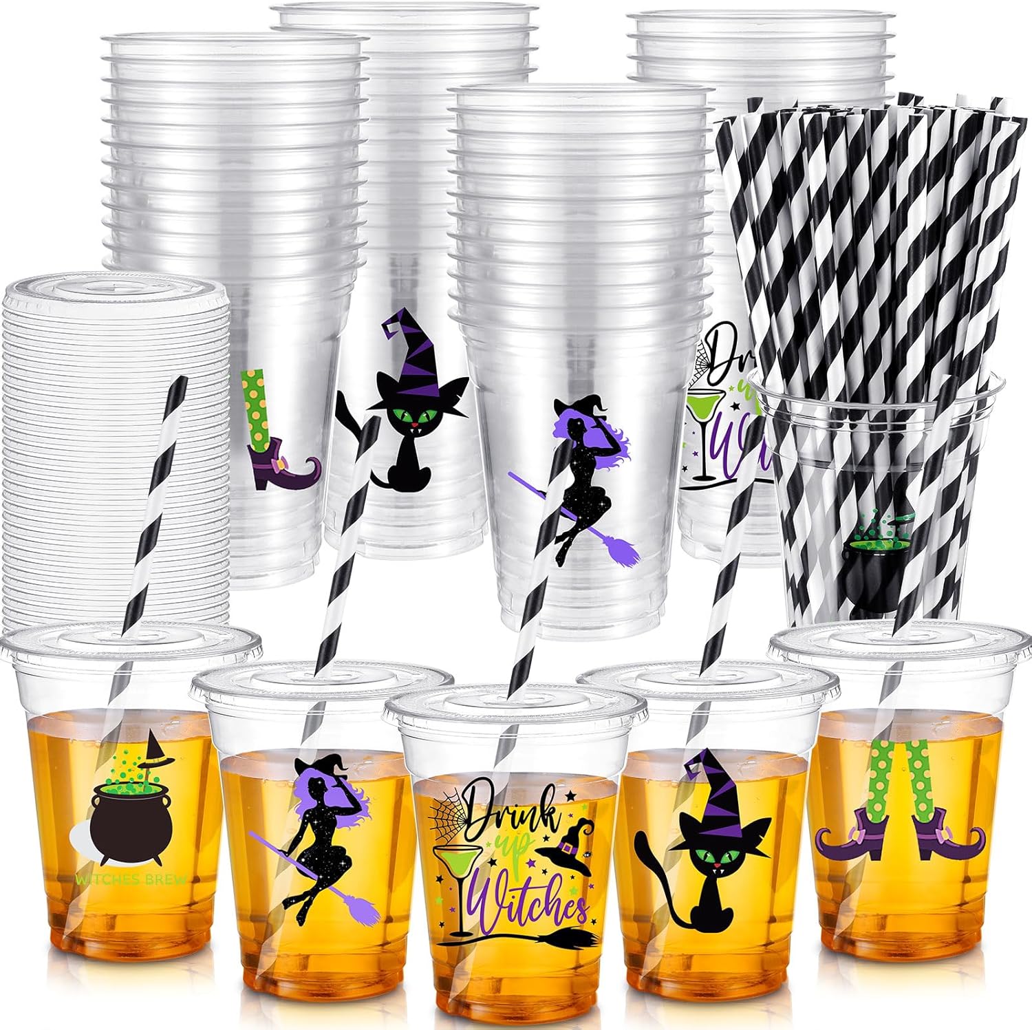 Amazon.com: Bokon 100 Sets 12 oz Halloween Cups Witch Theme Clear Plastic Disposable Cups with ...