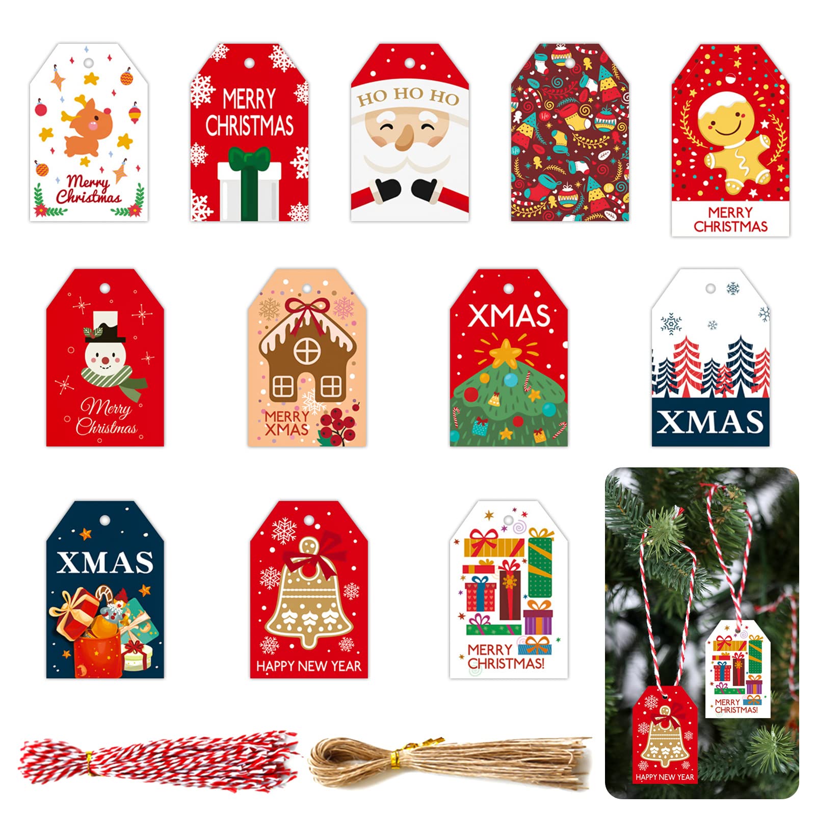 96PCS Colour Kraft Paper Christmas Gift Tags, Xmas Kraft Gift Tags with ...