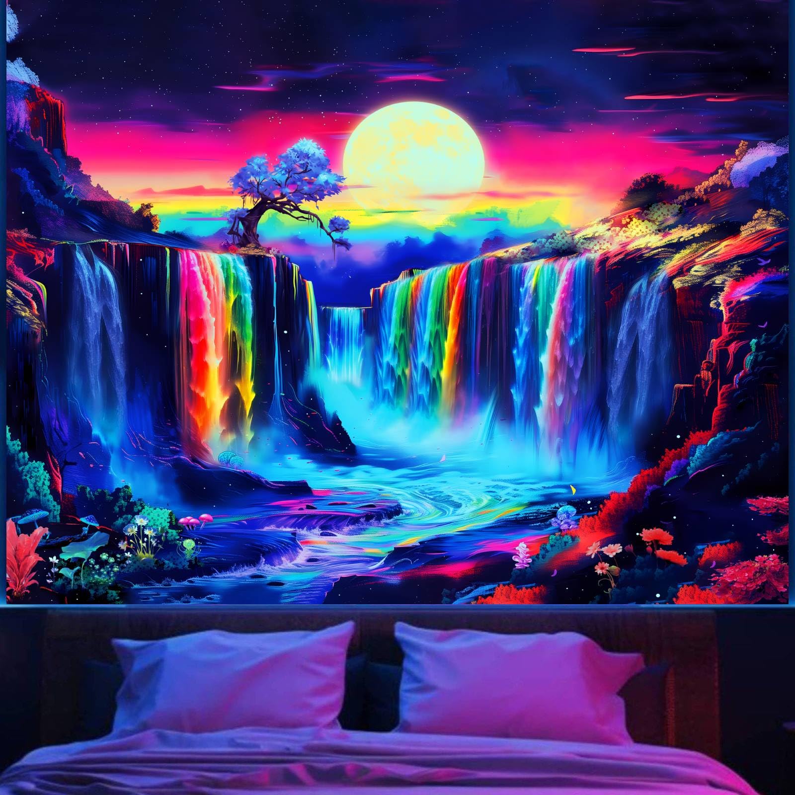 Amazon.com: Apdidl Blacklight Posters Waterfall Moon Tapestry, Black ...