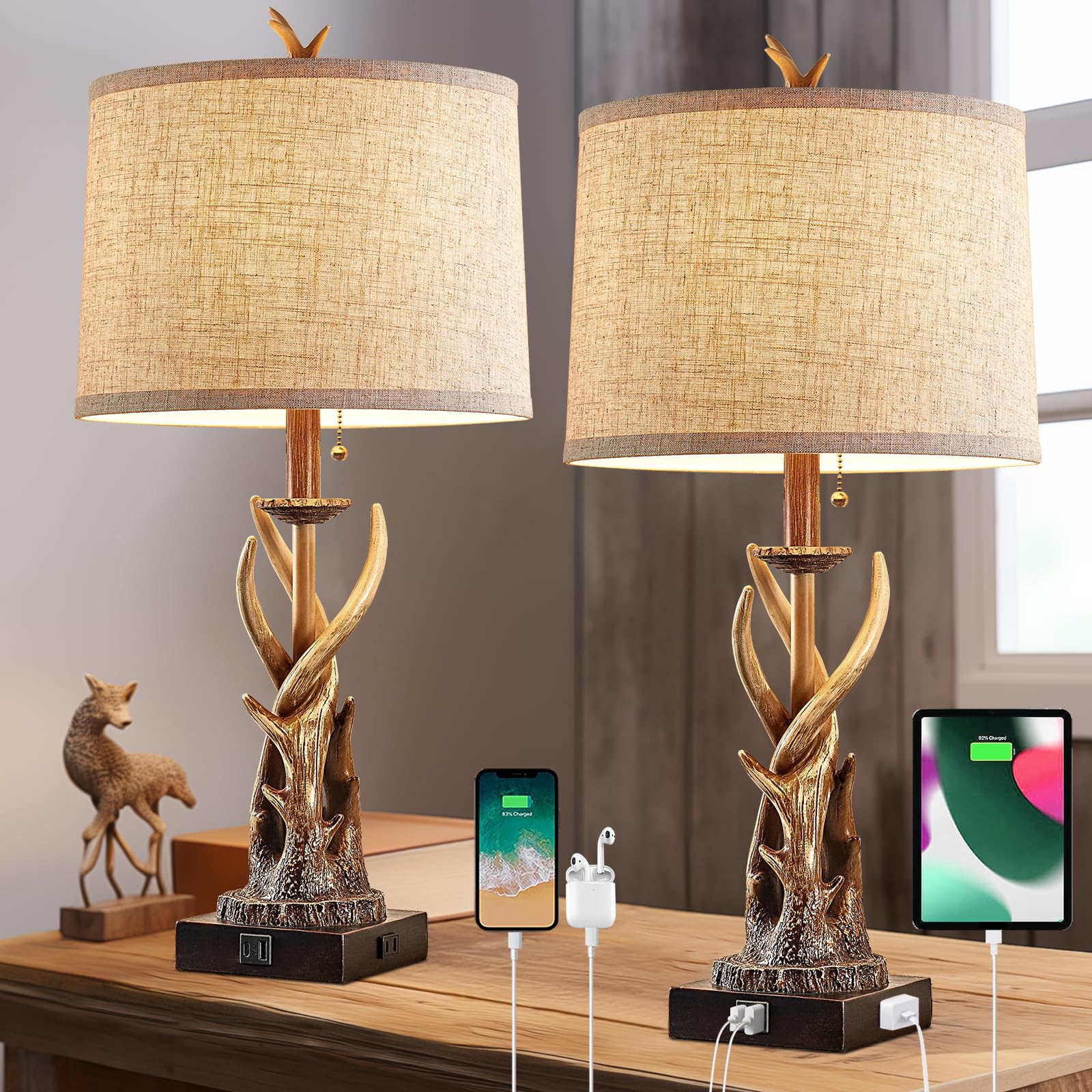 BOWOBO Rustic Deer Antler Table Lamps Set of 2 for Bedroom Farmhouse ...