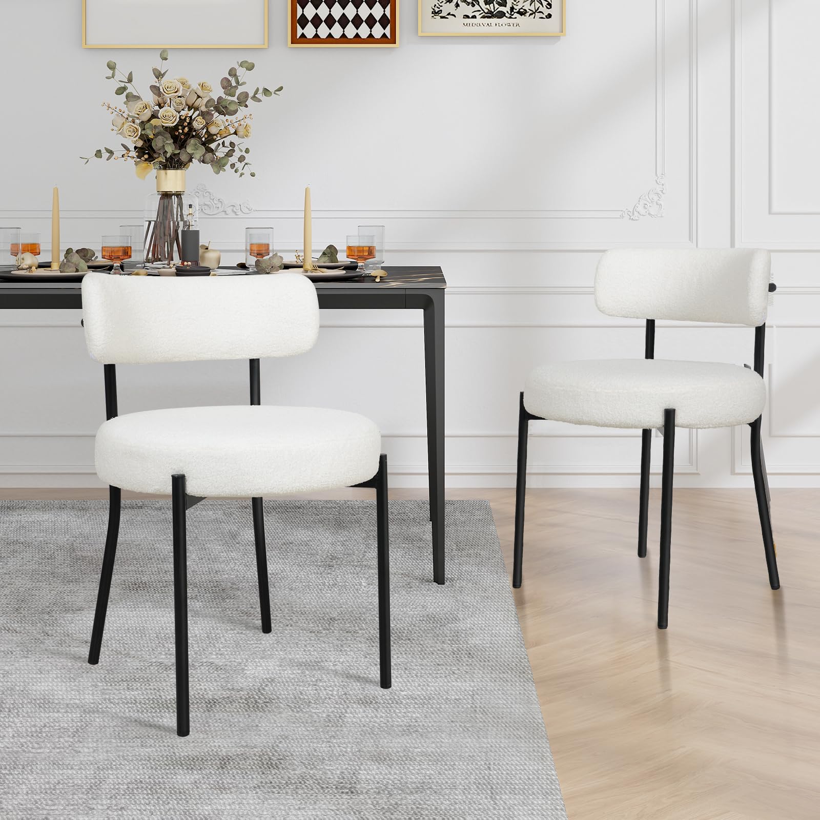 ARTETHYS Boucle Dining Room Chairs Set of 2 with Backrest Black Metal ...